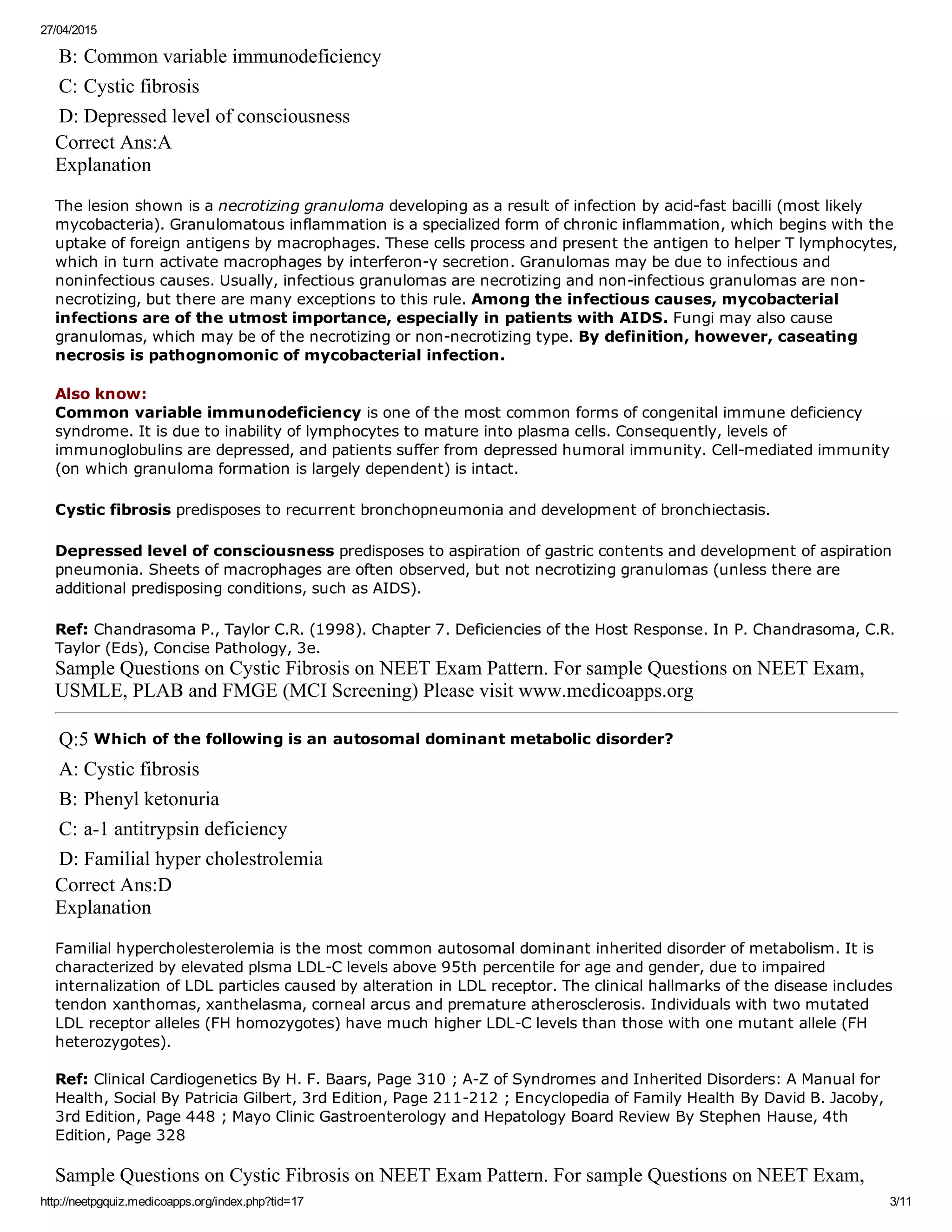 Cystic fibrosis sample questions based on neet pg , usmle, plab and ...