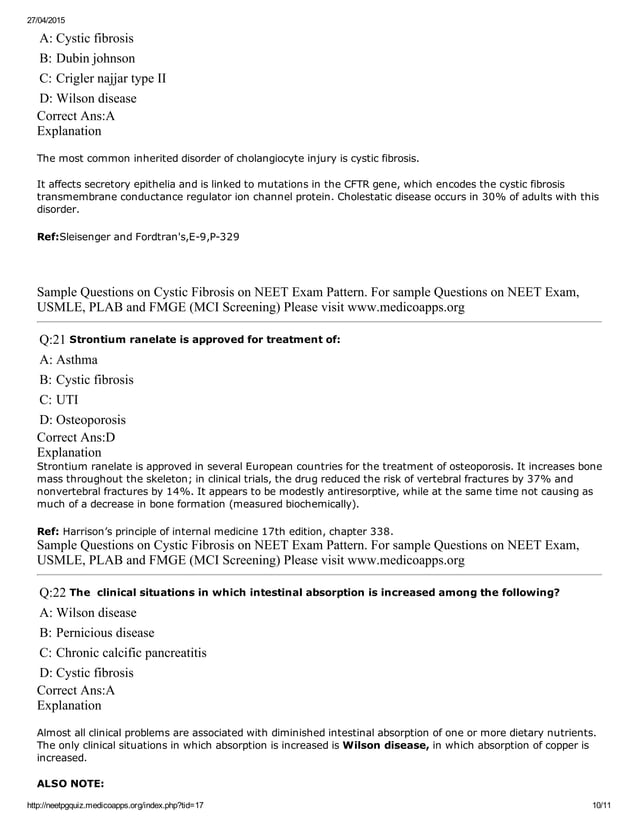 Cystic fibrosis sample questions based on neet pg , usmle, plab and ...