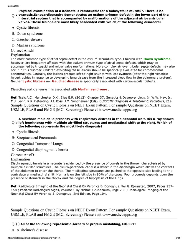 Cystic fibrosis sample questions based on neet pg , usmle, plab and ...