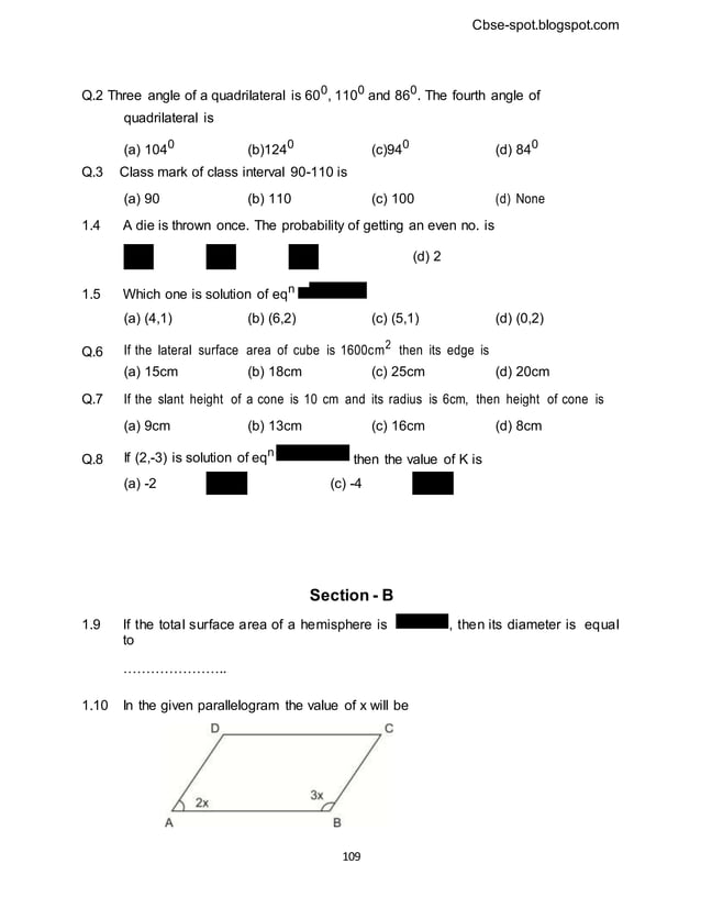maths sample paper class 9 SA2 | PDF