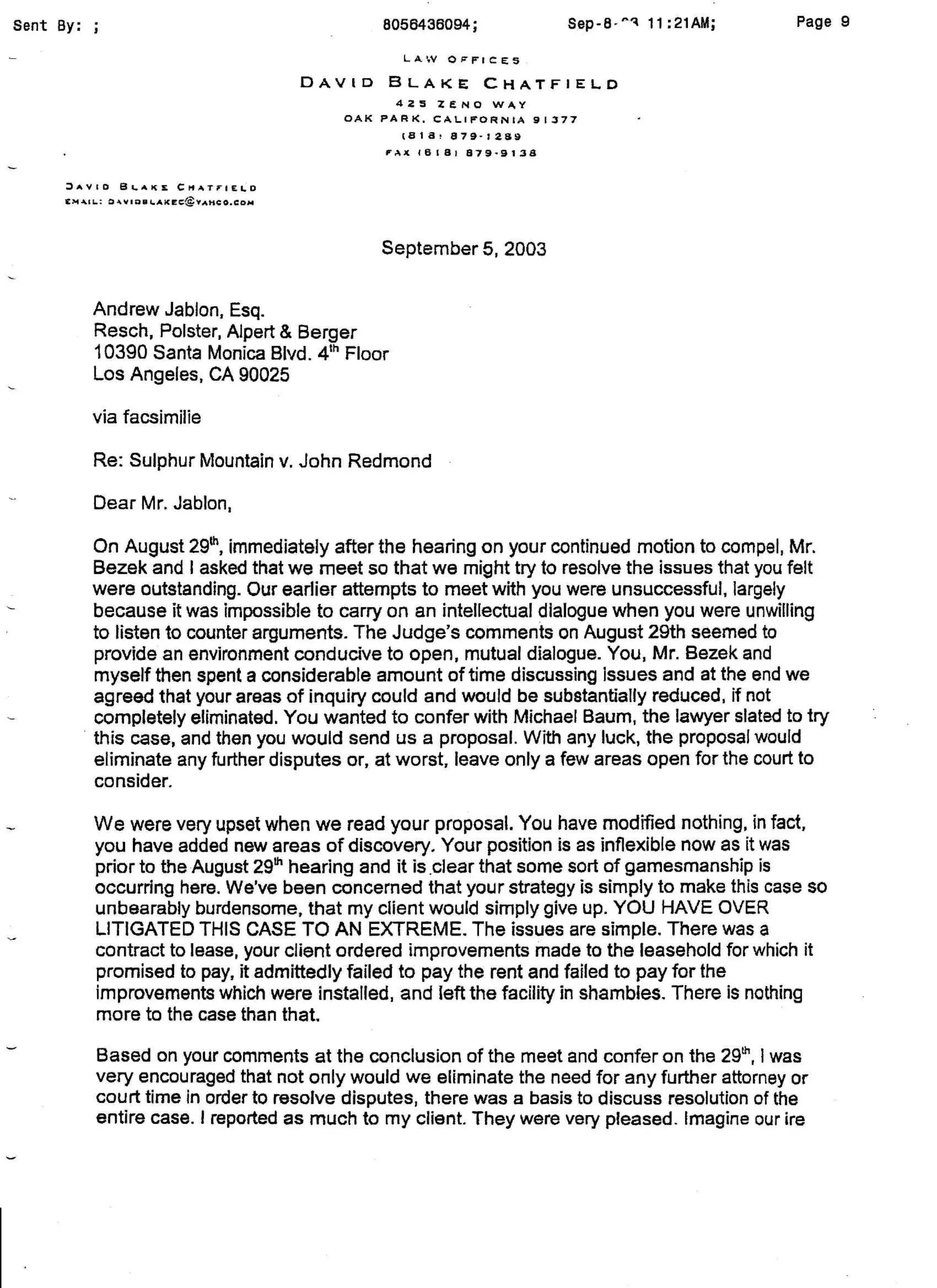 D. Chatfield, aka S. Gaggero, Letter 9.5.03