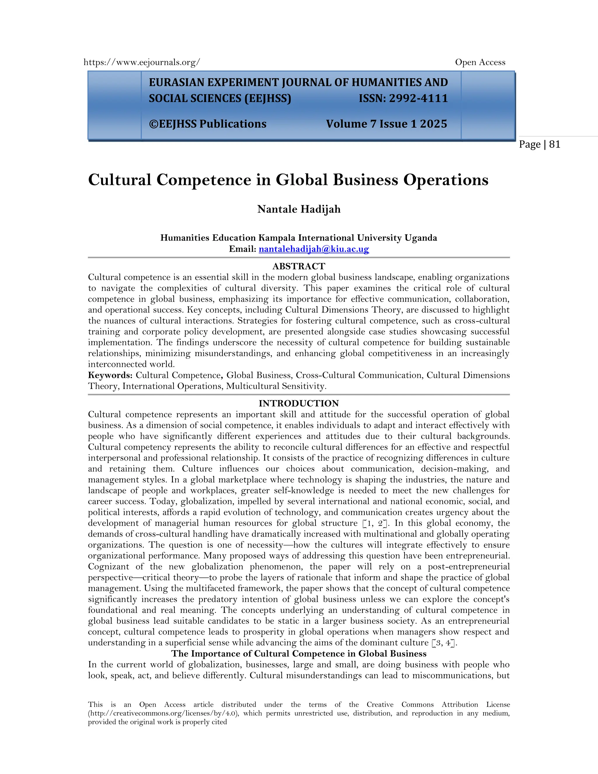 Cultural Competence in Global Business Operations (www.kiu.ac.ug) | PDF