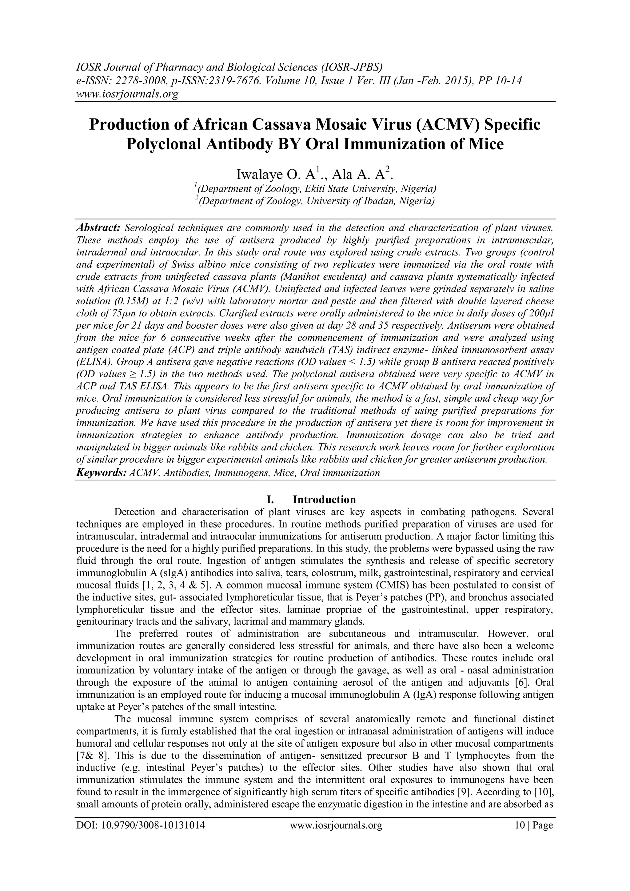 Production of African Cassava Mosaic Virus (ACMV) Specific Polyclonal ...