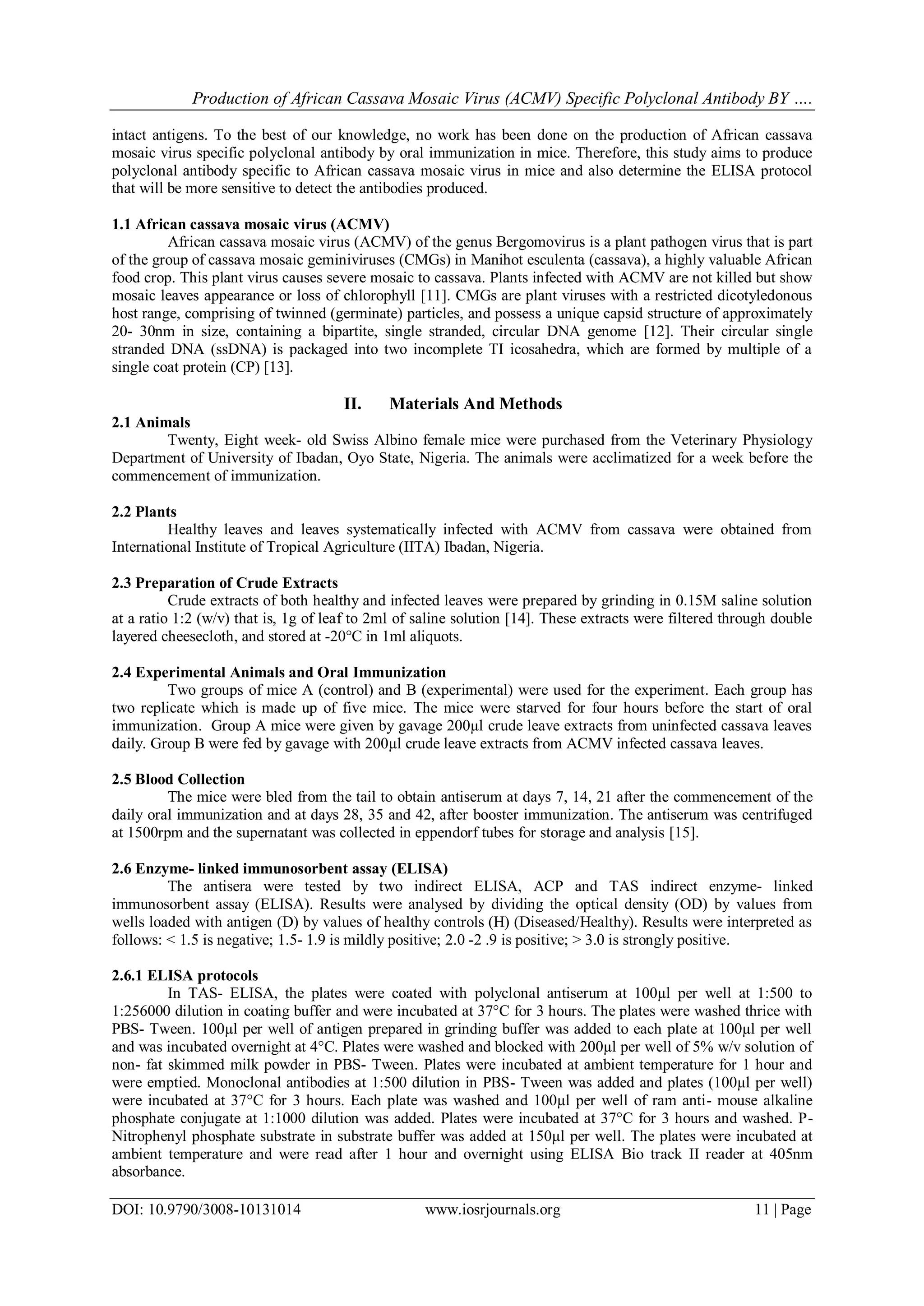 Production of African Cassava Mosaic Virus (ACMV) Specific Polyclonal ...