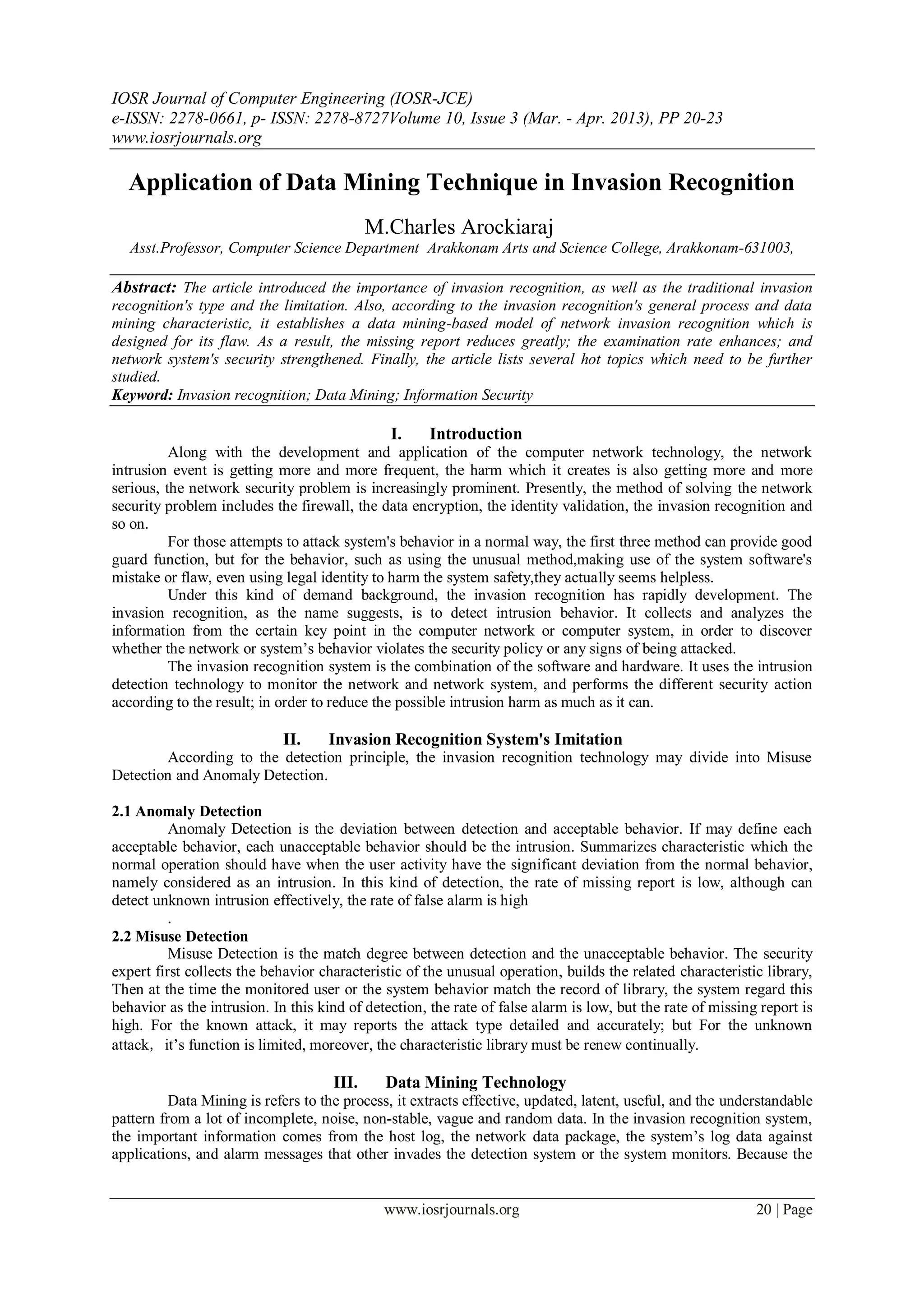 Application of Data Mining Technique in Invasion Recognition | PDF