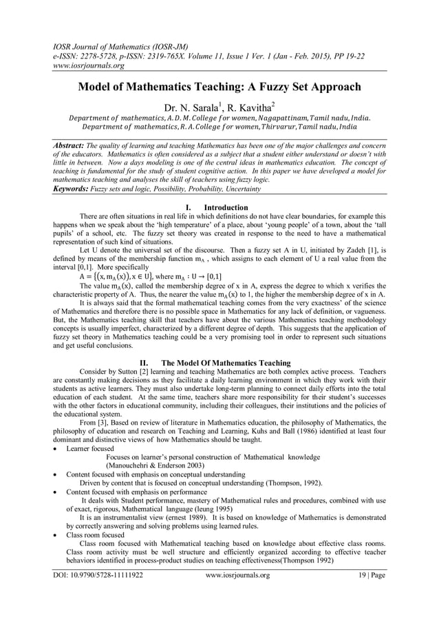 Model of Mathematics Teaching: A Fuzzy Set Approach | PDF | Education