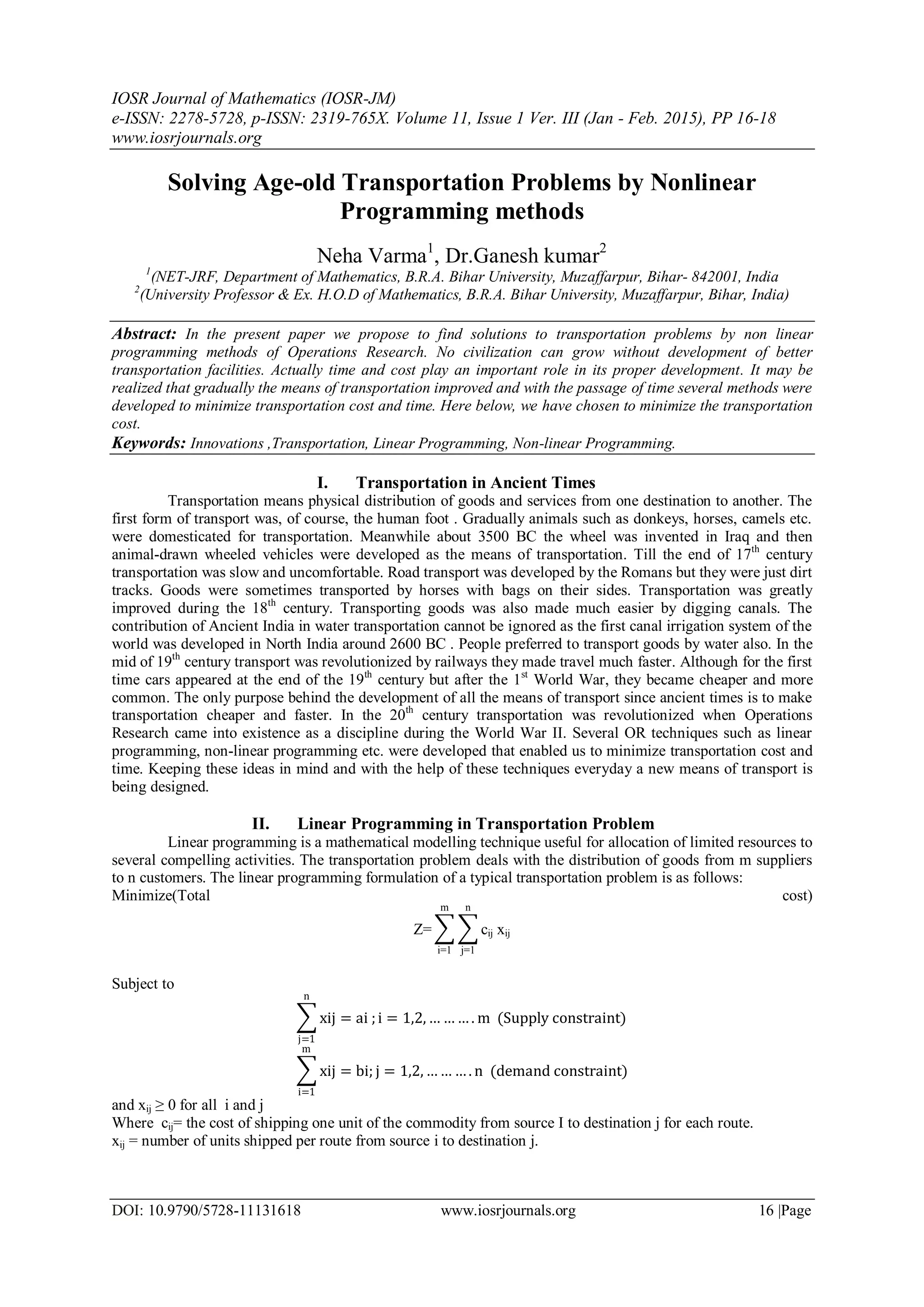 Solving Age-old Transportation Problems by Nonlinear Programming methods | PDF