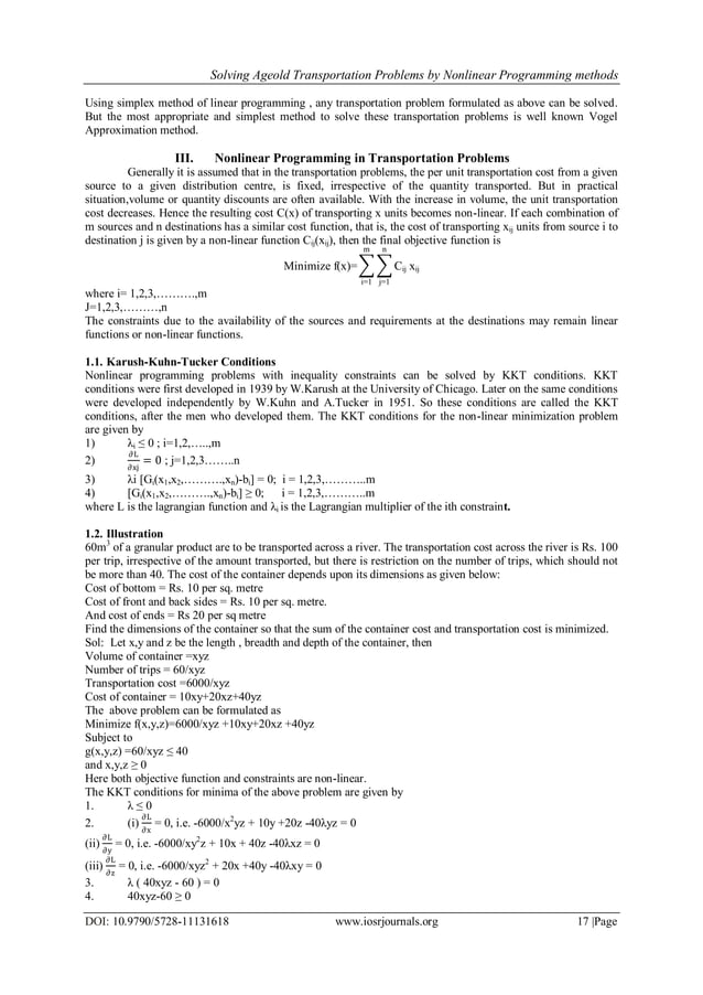 Solving Age-old Transportation Problems by Nonlinear Programming methods | PDF
