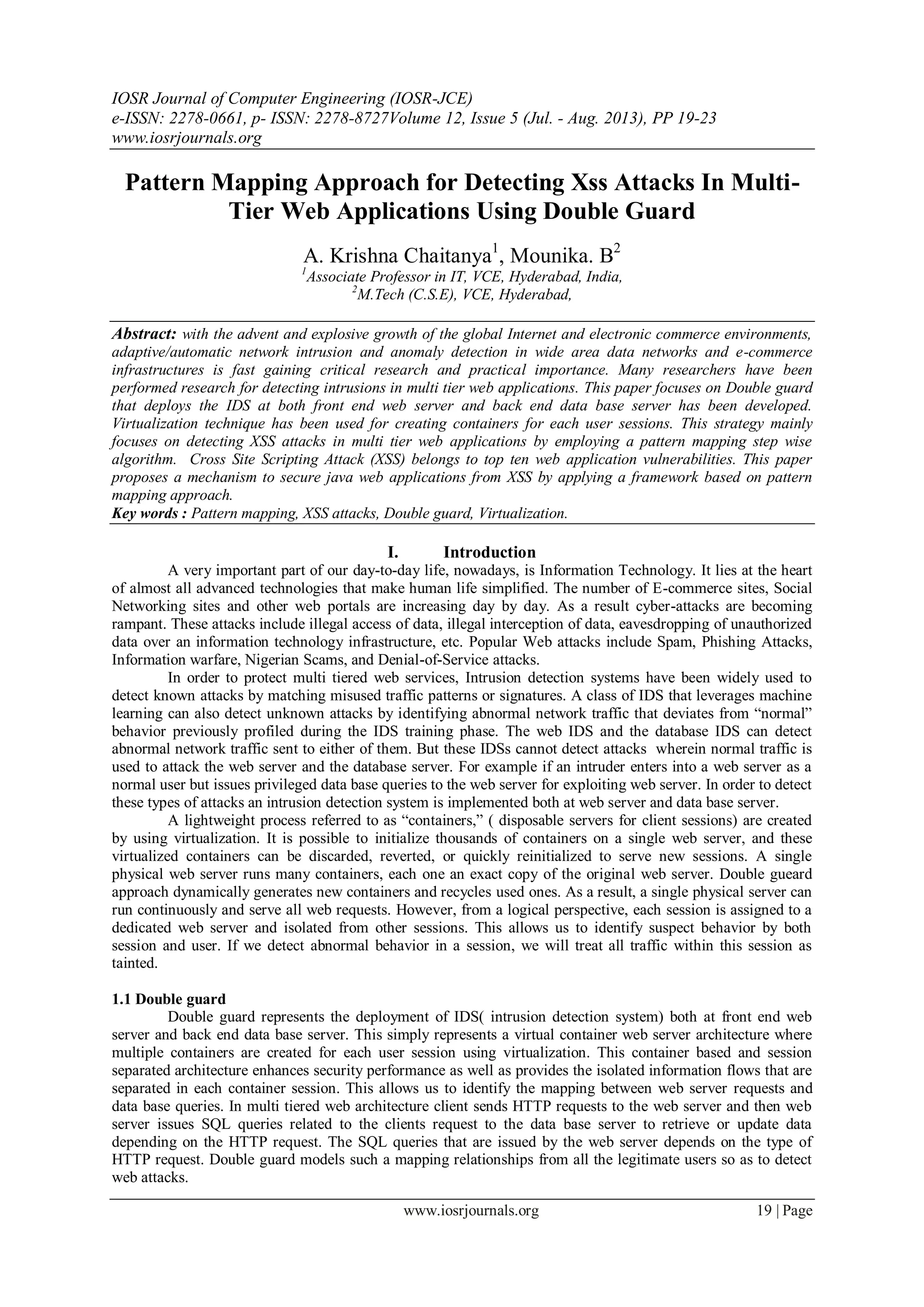 Pattern Mapping Approach for Detecting Xss Attacks In Multi-Tier Web Applications Using Double ...