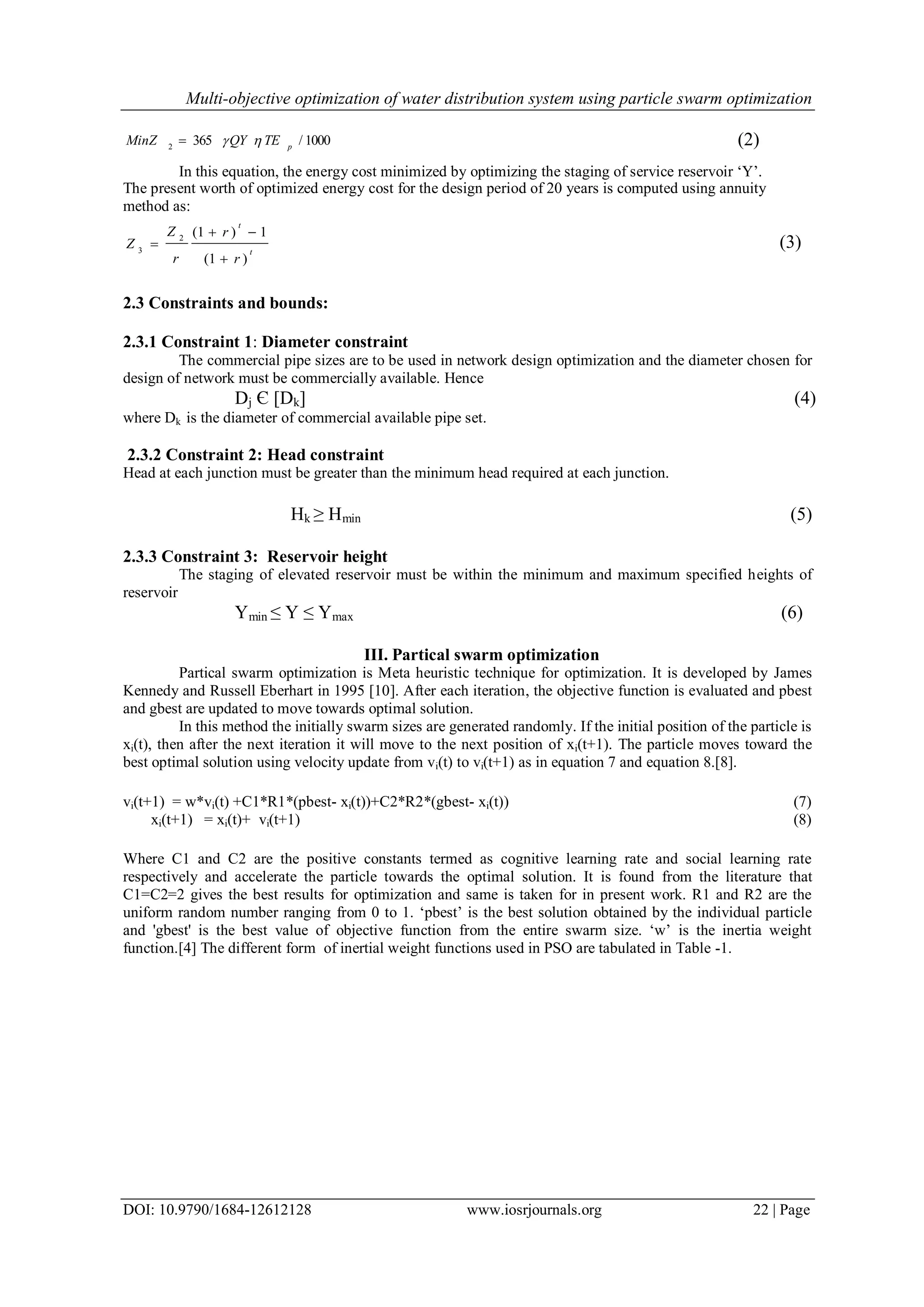 Multi Objective Optimization Of Water Distribution System Using Particle Swarm Optimization