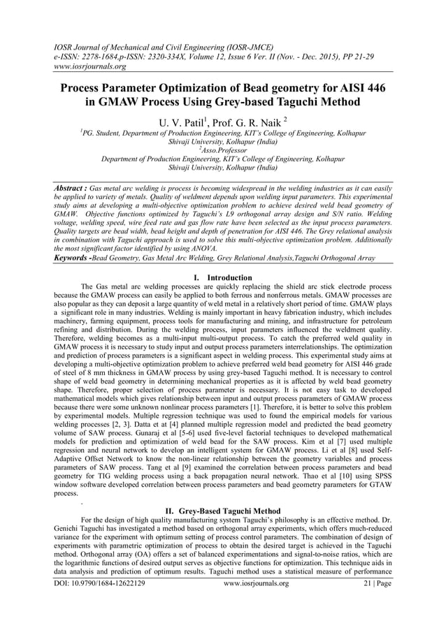 Process Parameter Optimization of Bead geometry for AISI 446 in GMAW Process Using Grey-based ...
