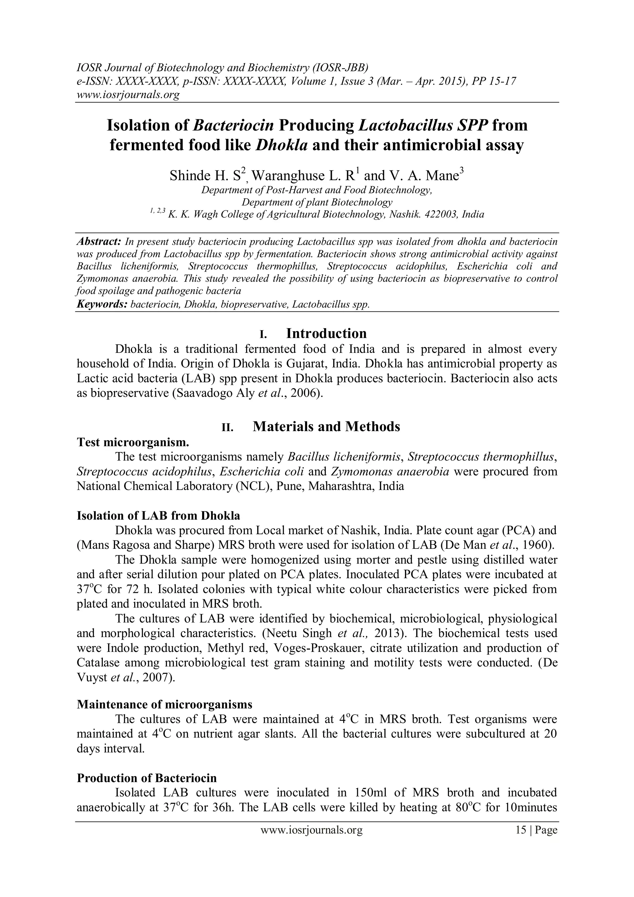 Isolation of Bacteriocin Producing Lactobacillus SPP from fermented food like Dhokla and their ...