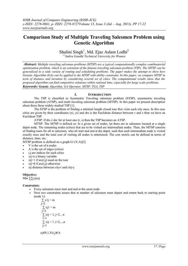 Comparison Study of Multiple Traveling Salesmen Problem using Genetic Algorithm | PDF
