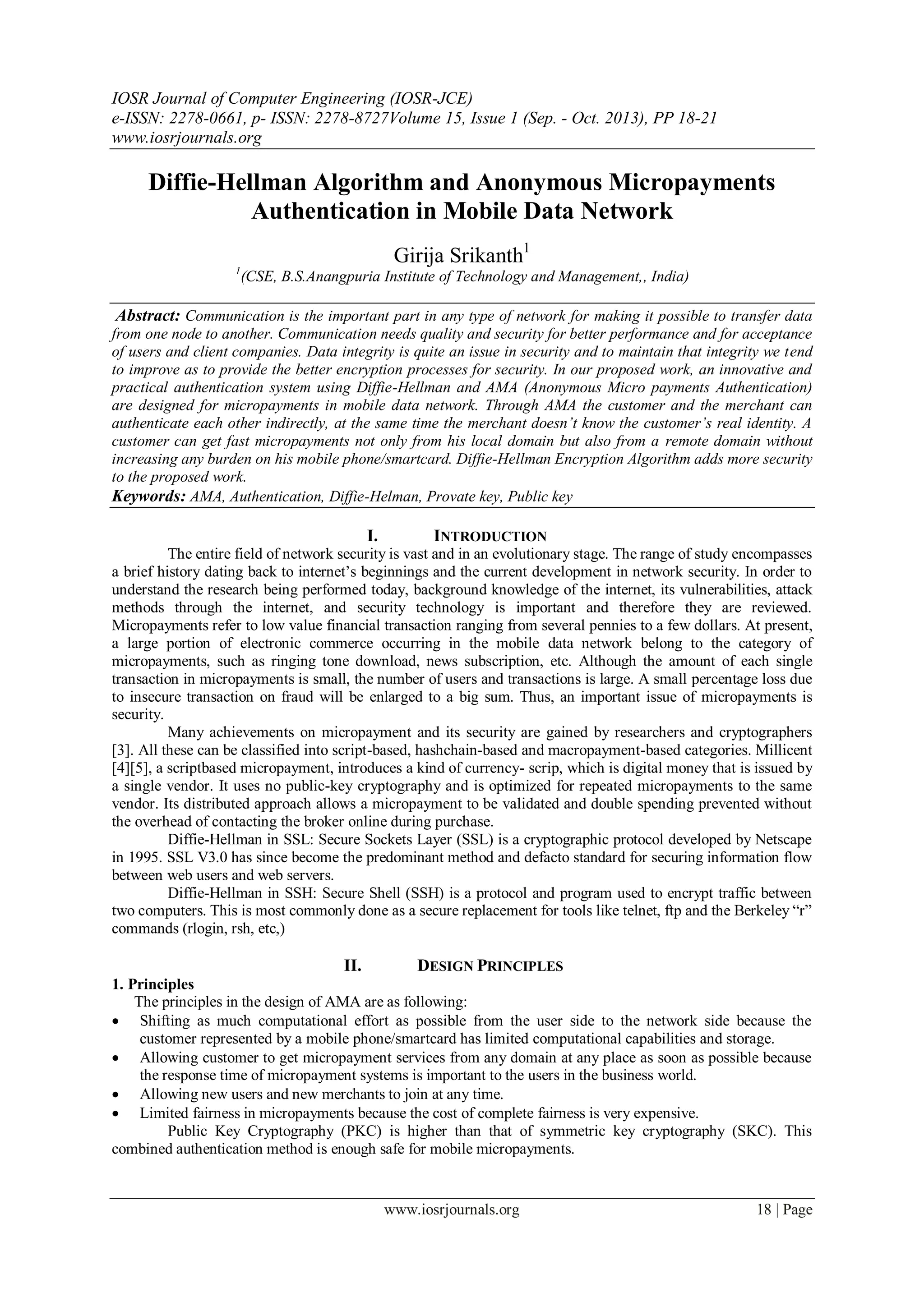 Diffie-Hellman Algorithm and Anonymous Micropayments Authentication in ...