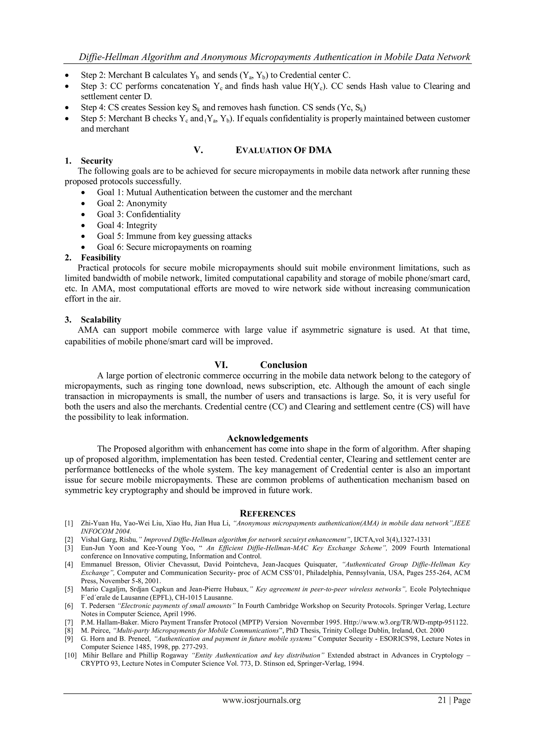 Diffie-Hellman Algorithm and Anonymous Micropayments Authentication in Mobile Data Network | PDF