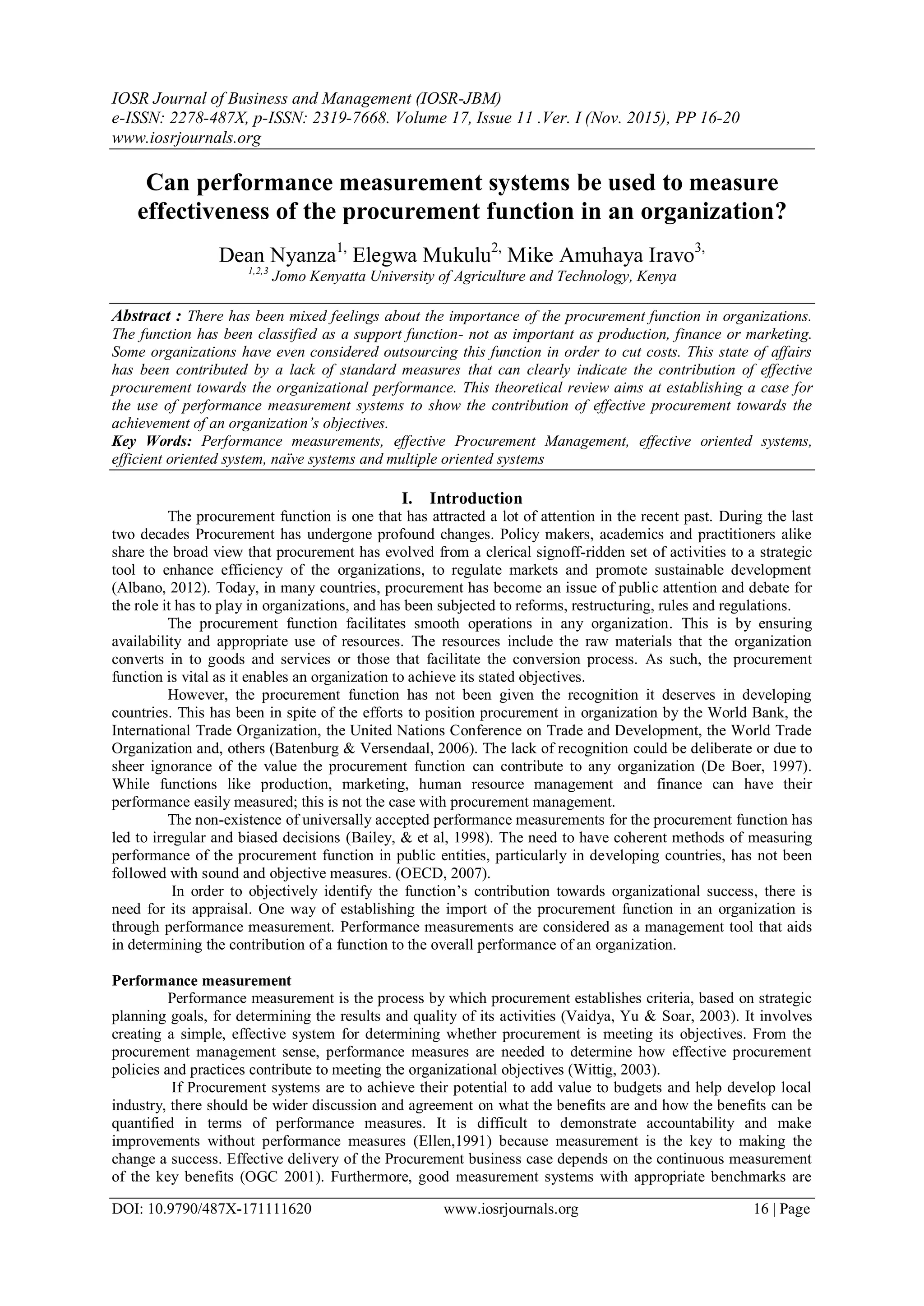 Can performance measurement systems be used to measure effectiveness of the procurement function ...