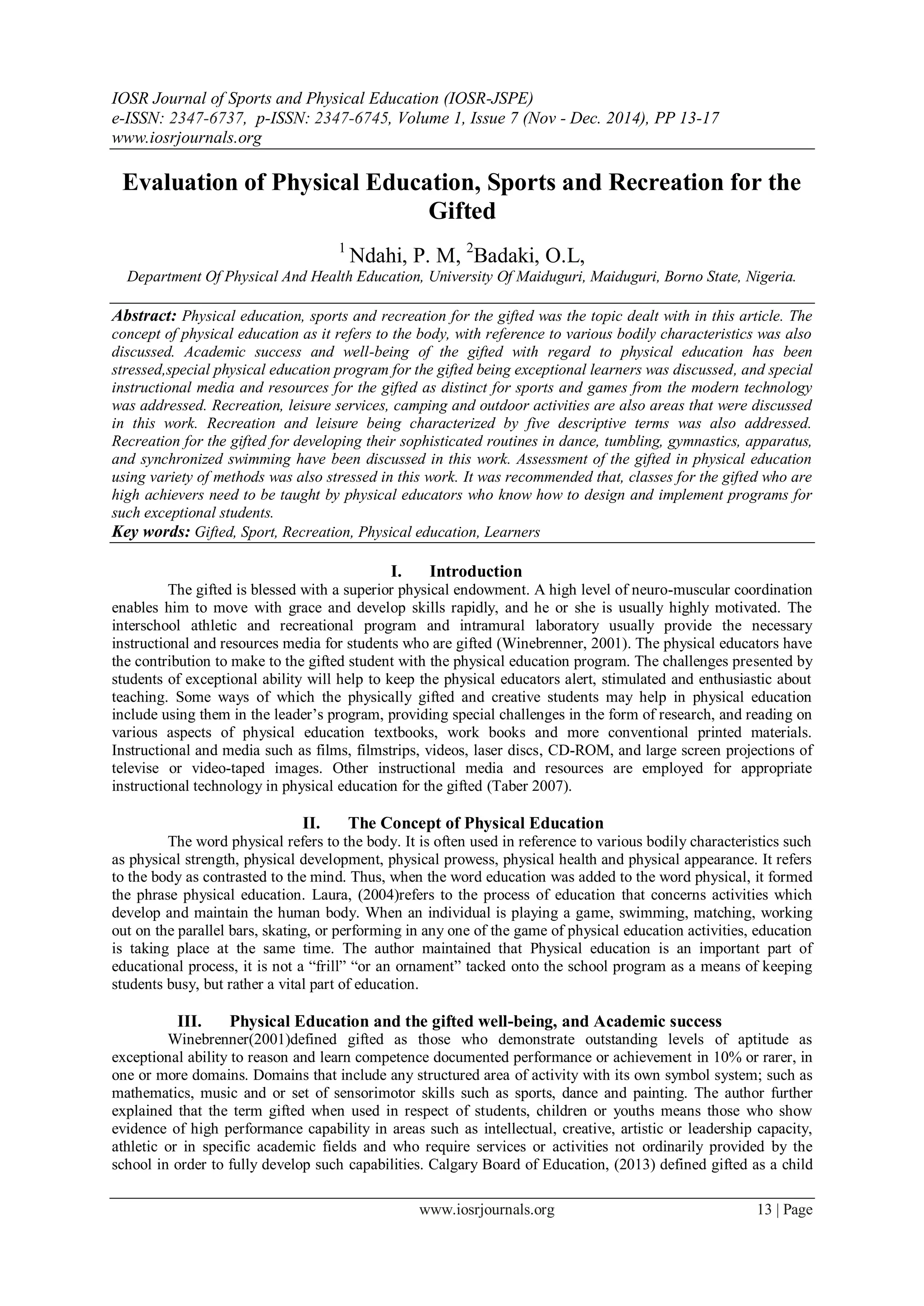 Evaluation of Physical Education, Sports and Recreation for the Gifted ...