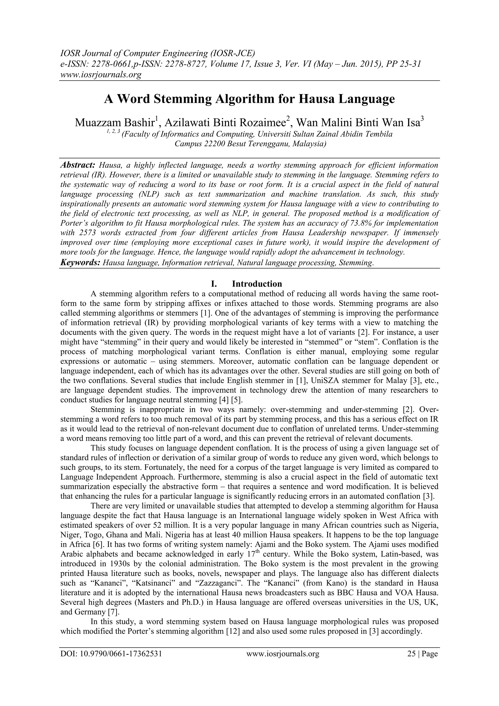 A Word Stemming Algorithm for Hausa Language | PDF