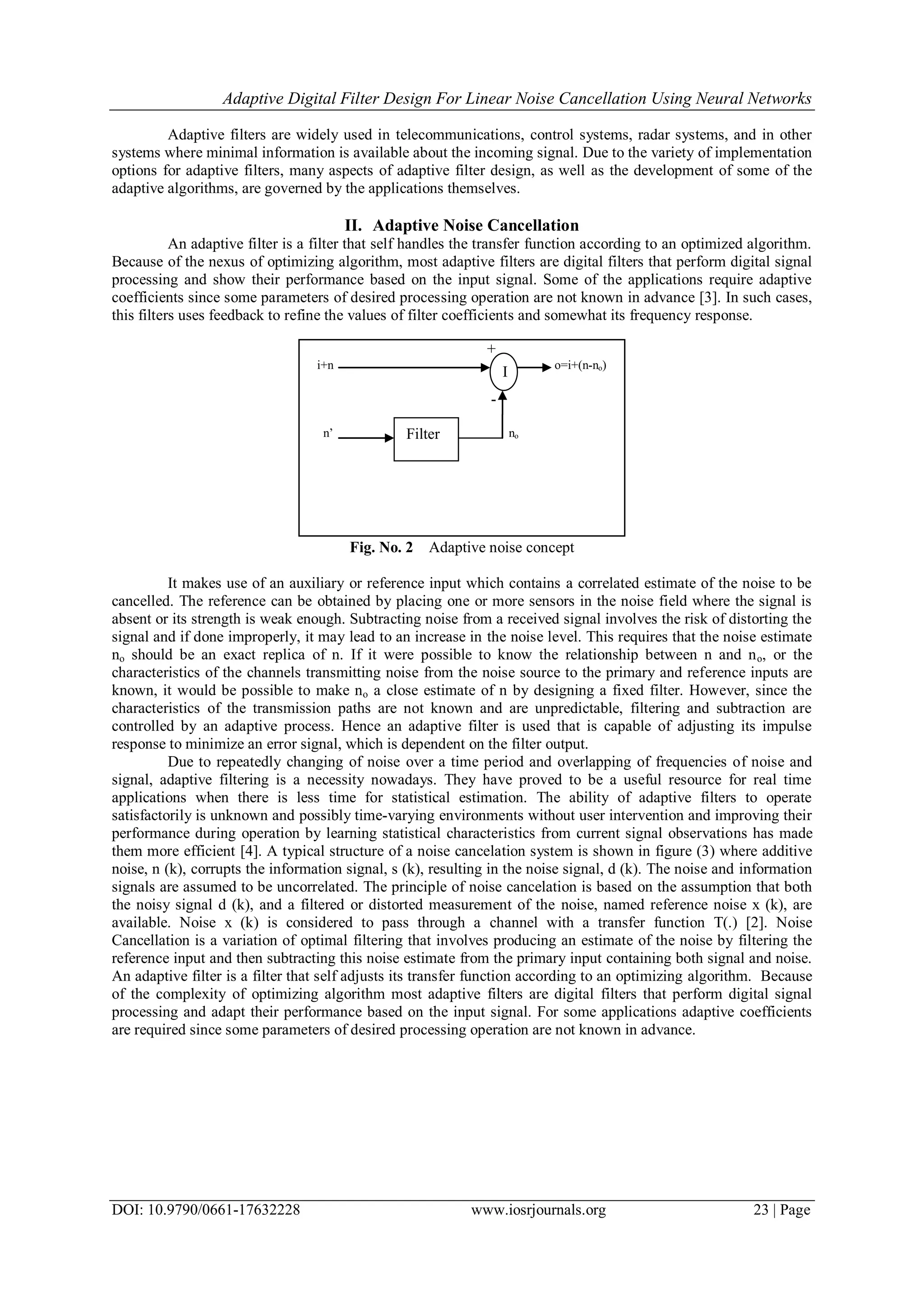 Adaptive Digital Filter Design for Linear Noise Cancellation Using Neural Networks | PDF