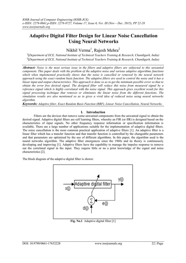 Adaptive Digital Filter Design for Linear Noise Cancellation Using Neural Networks | PDF