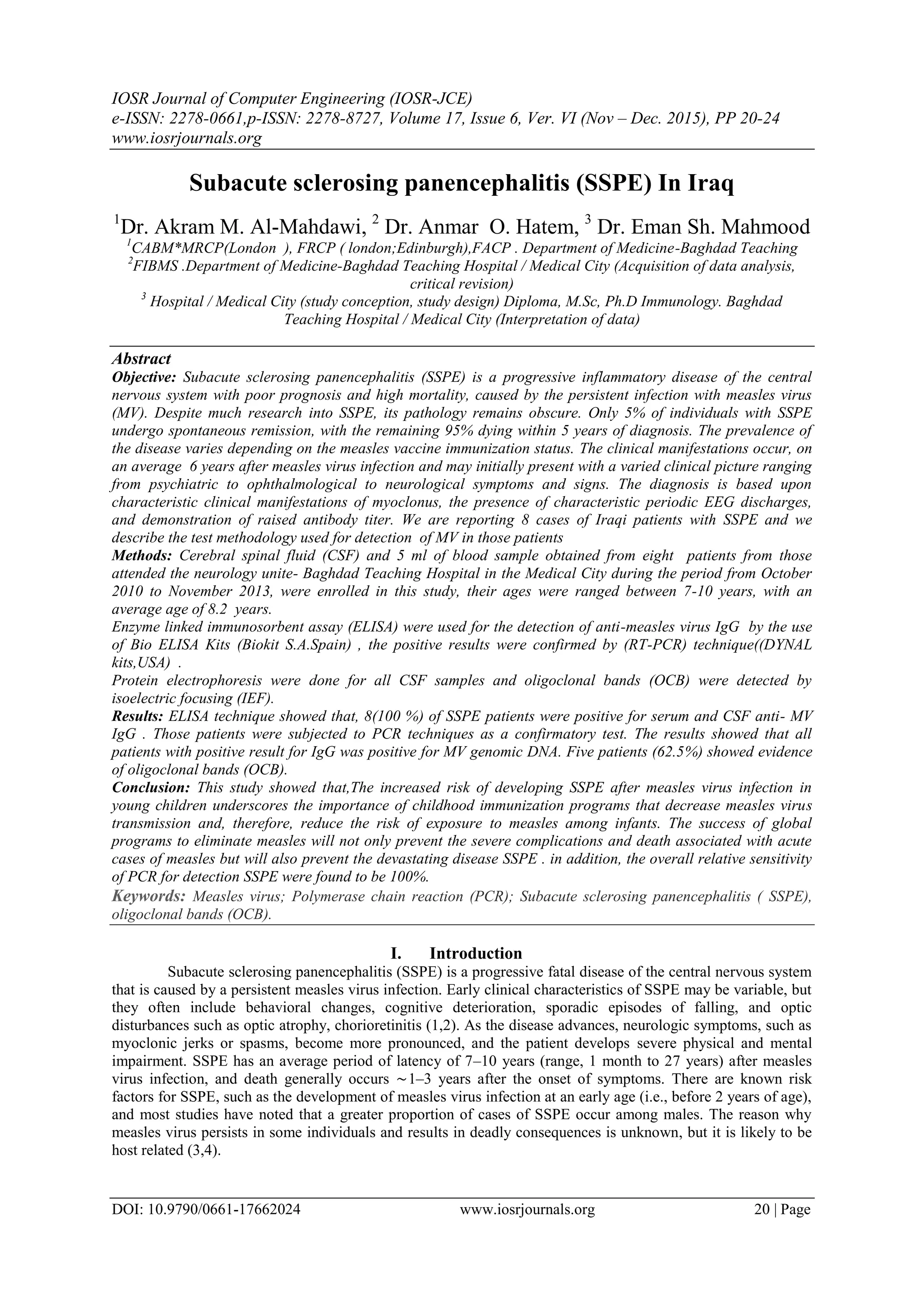 Subacute sclerosing panencephalitis (SSPE) In Iraq | PDF