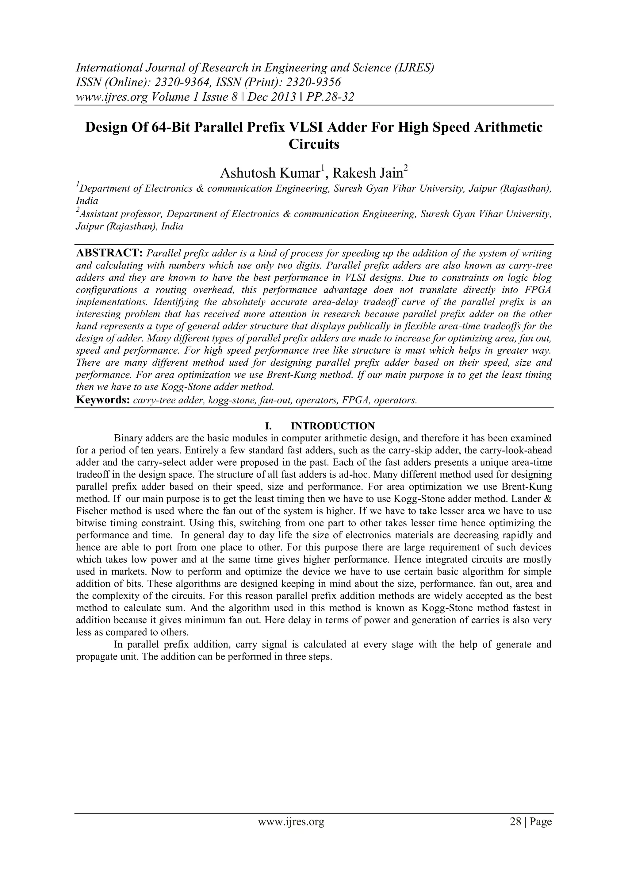 Design Of 64-Bit Parallel Prefix VLSI Adder For High Speed Arithmetic Circuits | PDF