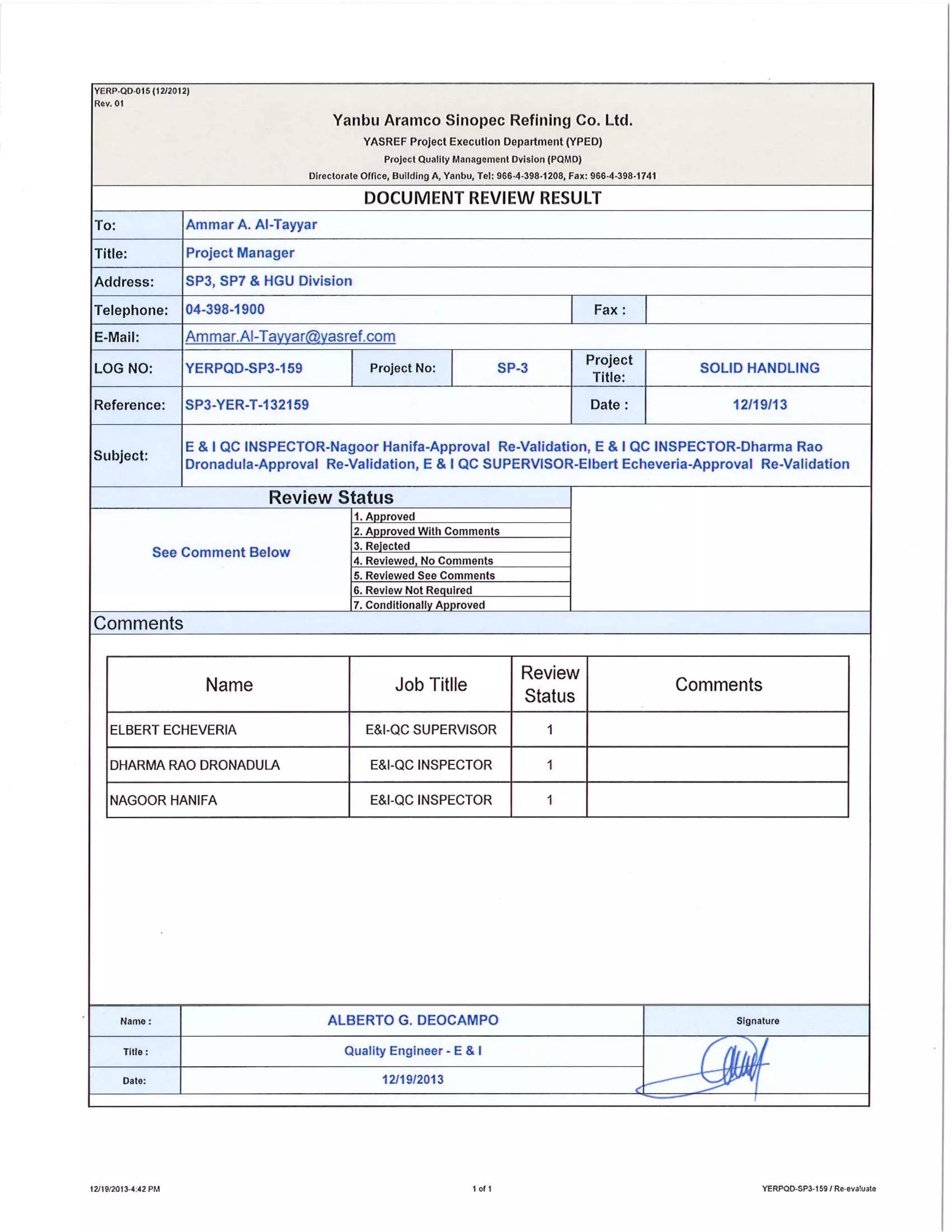 4. ARAMCO Approval - YERPQD-SP3-159 | PDF