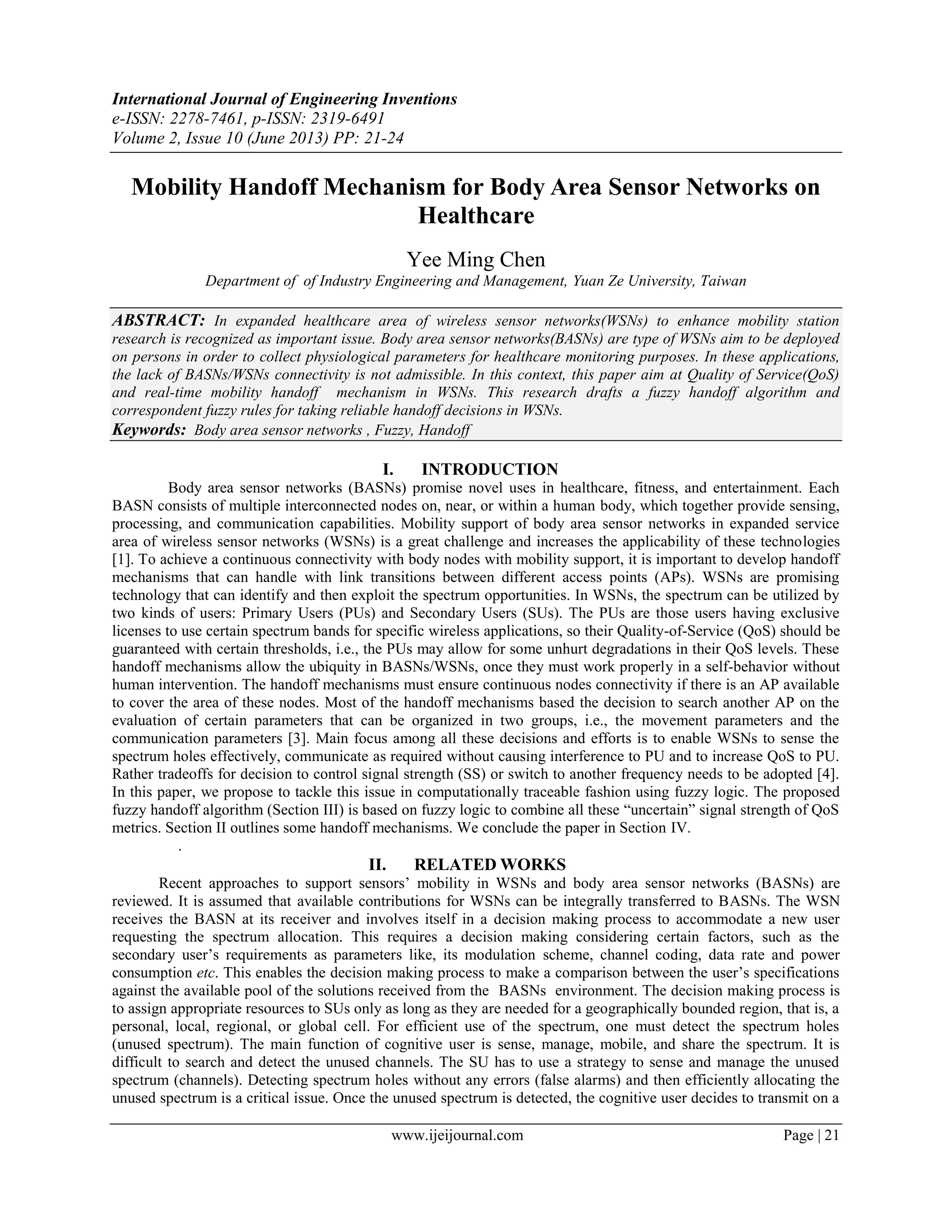 Mobility Handoff Mechanism for Body Area Sensor Networks on Healthcare | PDF