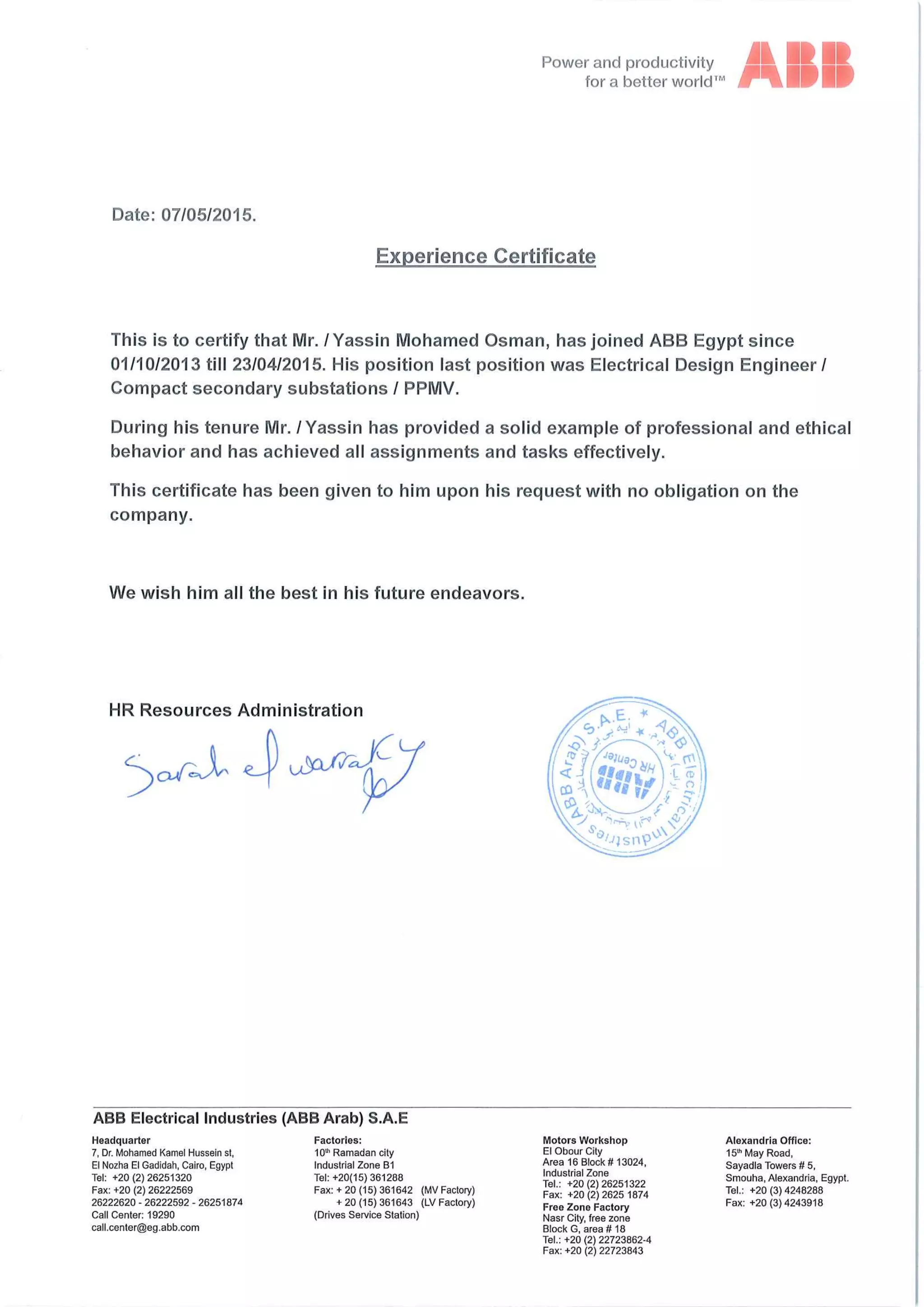 19.Experience Certificate ABB | PDF