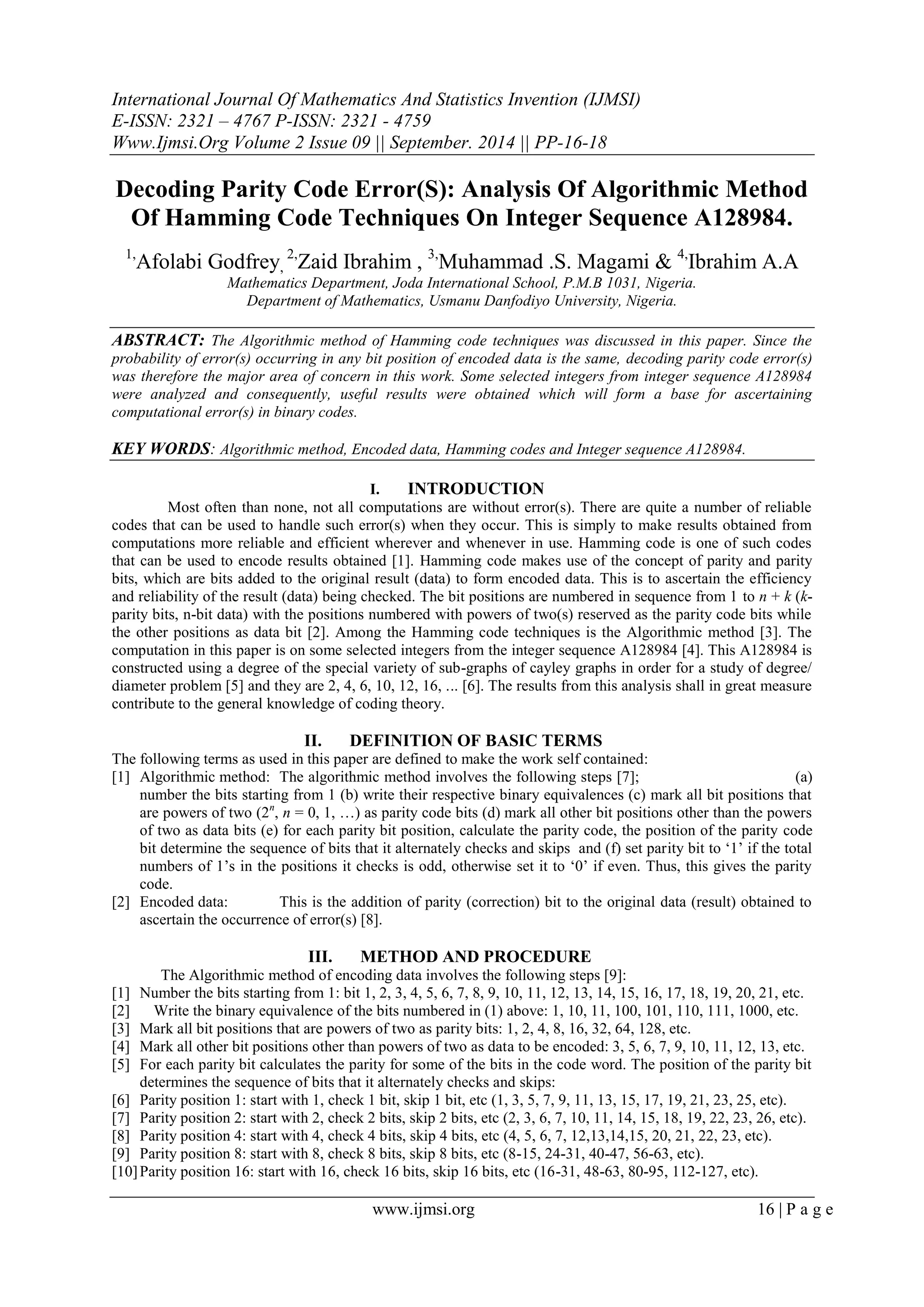 Decoding Parity Code Error(S): Analysis Of Algorithmic Method Of Hamming Code Techniques On ...