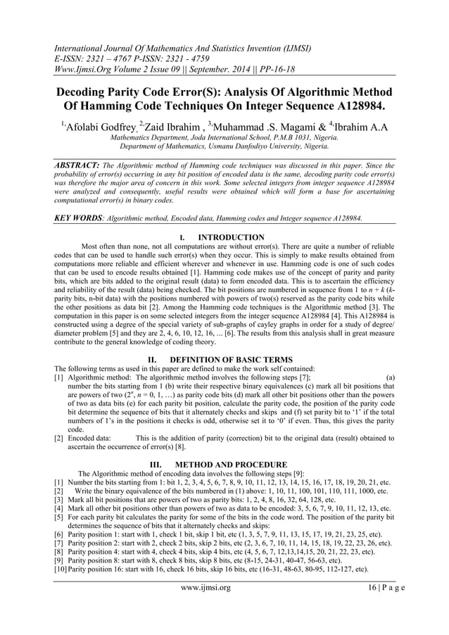 Decoding Parity Code Error(S): Analysis Of Algorithmic Method Of Hamming Code Techniques On ...