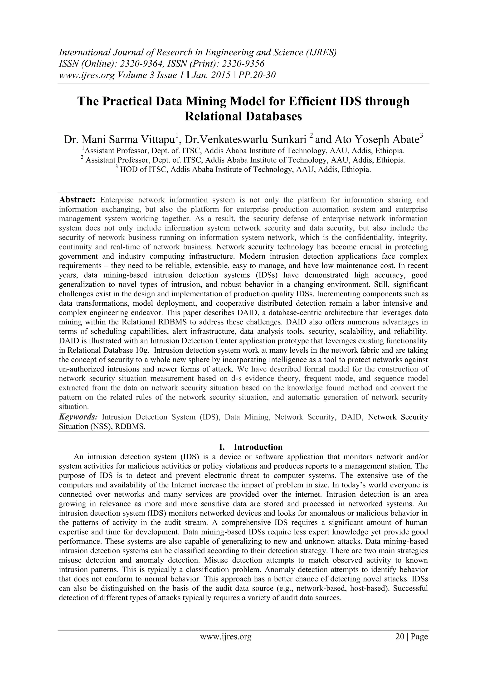 The Practical Data Mining Model For Efficient Ids Through Relational Databases Pdf