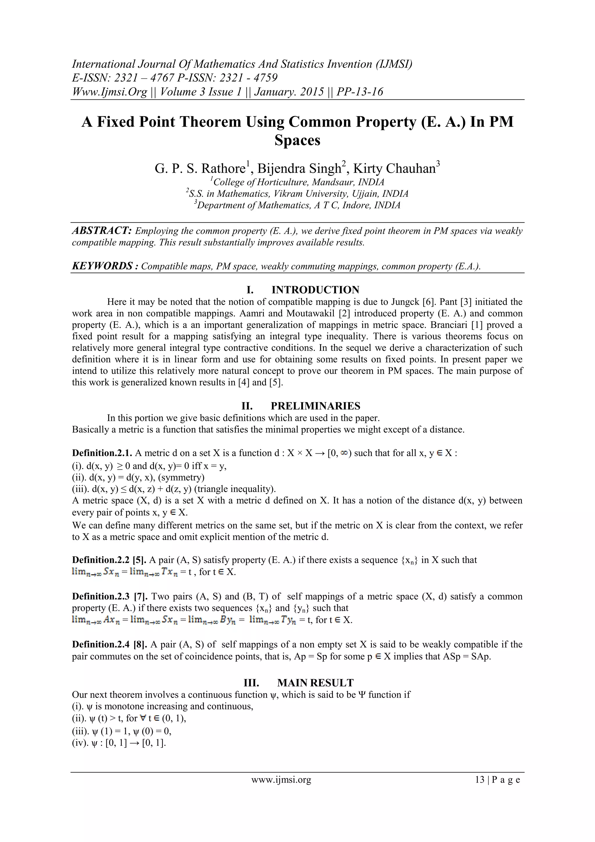 A Fixed Point Theorem Using Common Property (E. A.) In PM Spaces | PDF