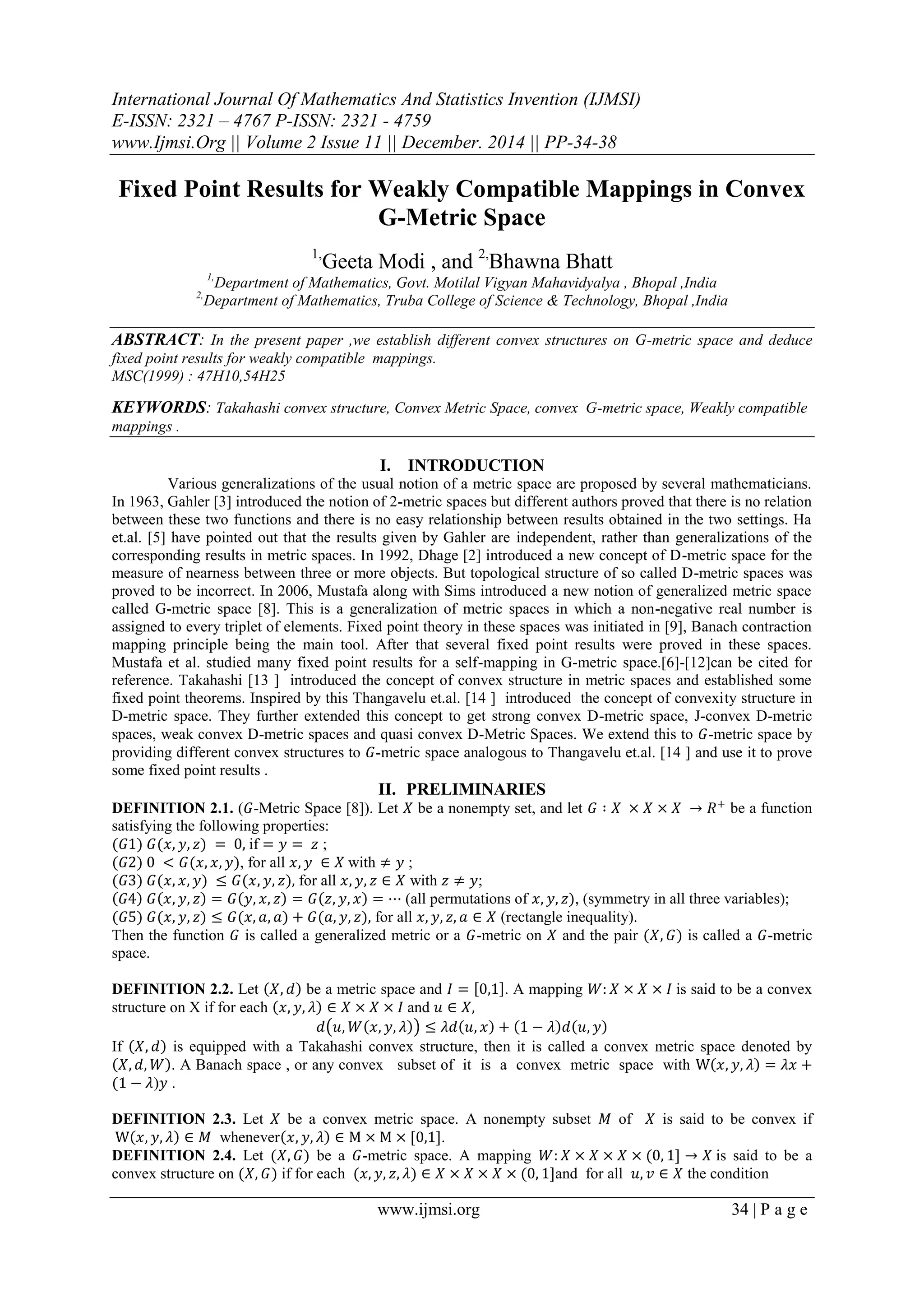 Fixed Point Results for Weakly Compatible Mappings in Convex G-Metric Space | PDF
