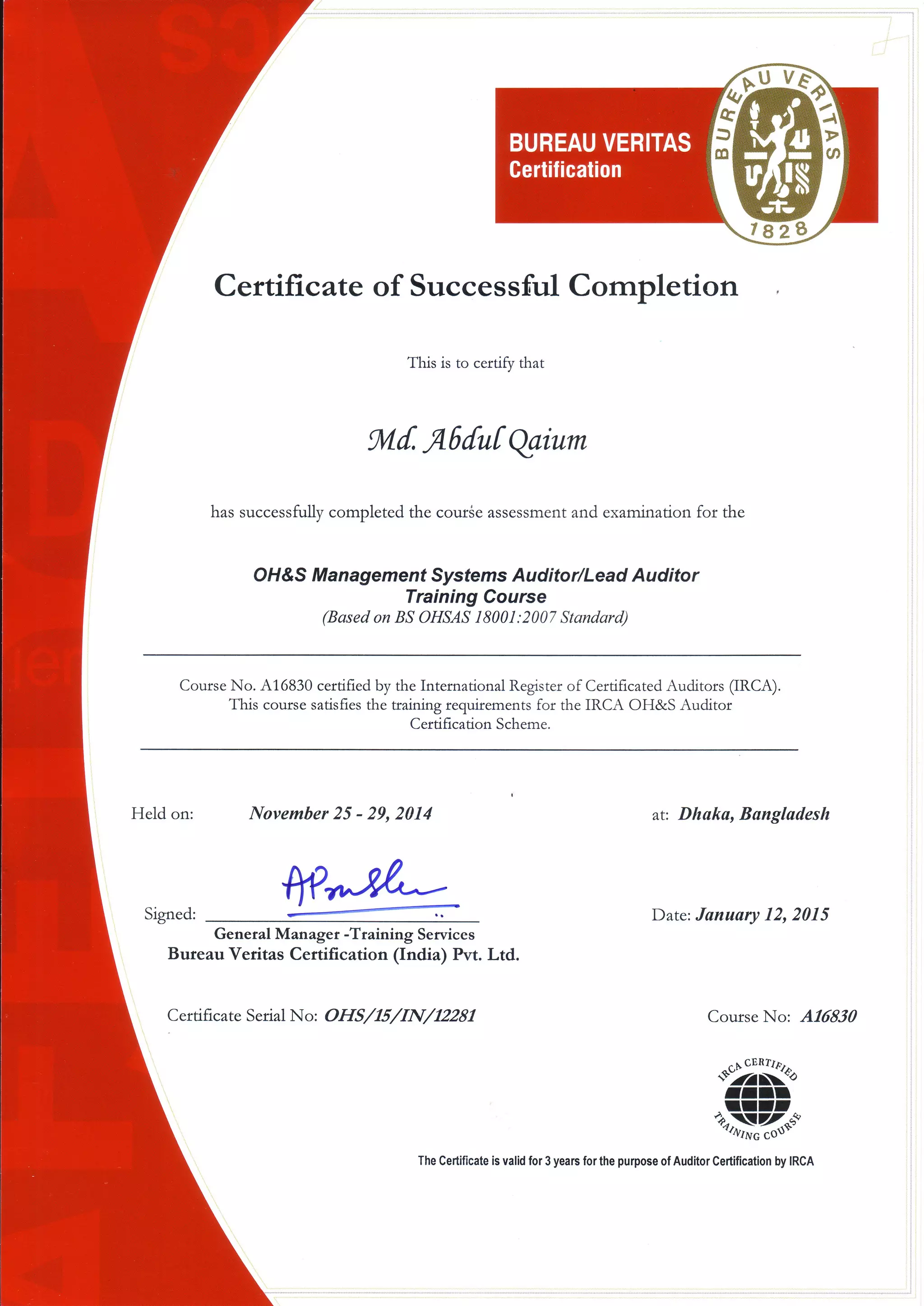 LA OHSAS 18001Certificate_BV_Color | PDF