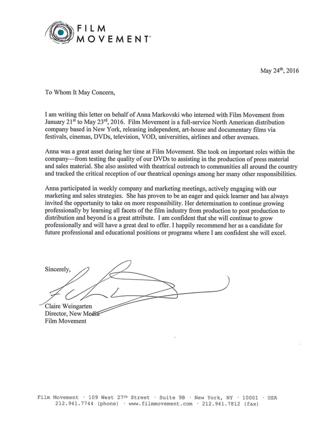 Anna Markovski Film Movement Letter of recommendation | PDF