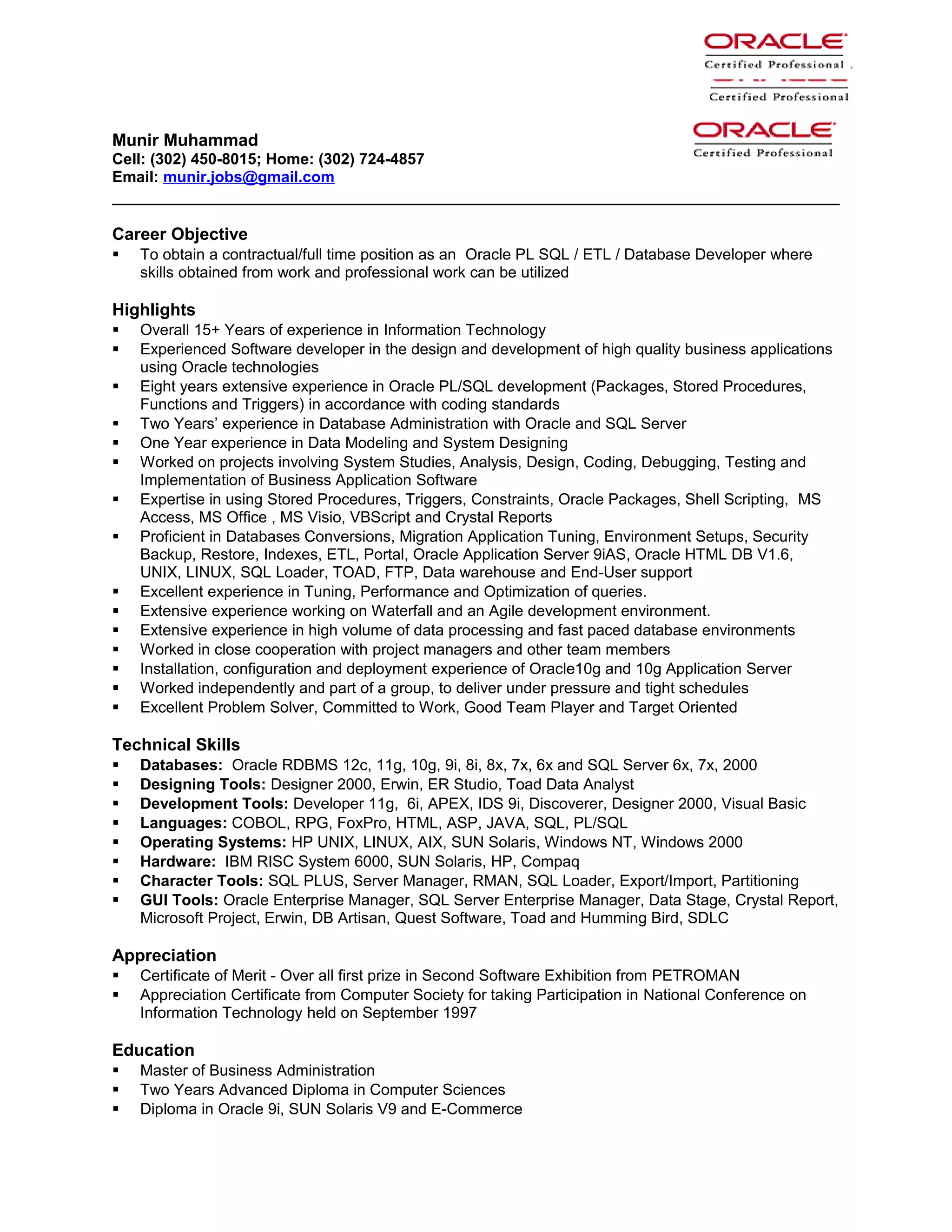 Munir_Database_Developer | DOC | Databases | Computer Software and Applications