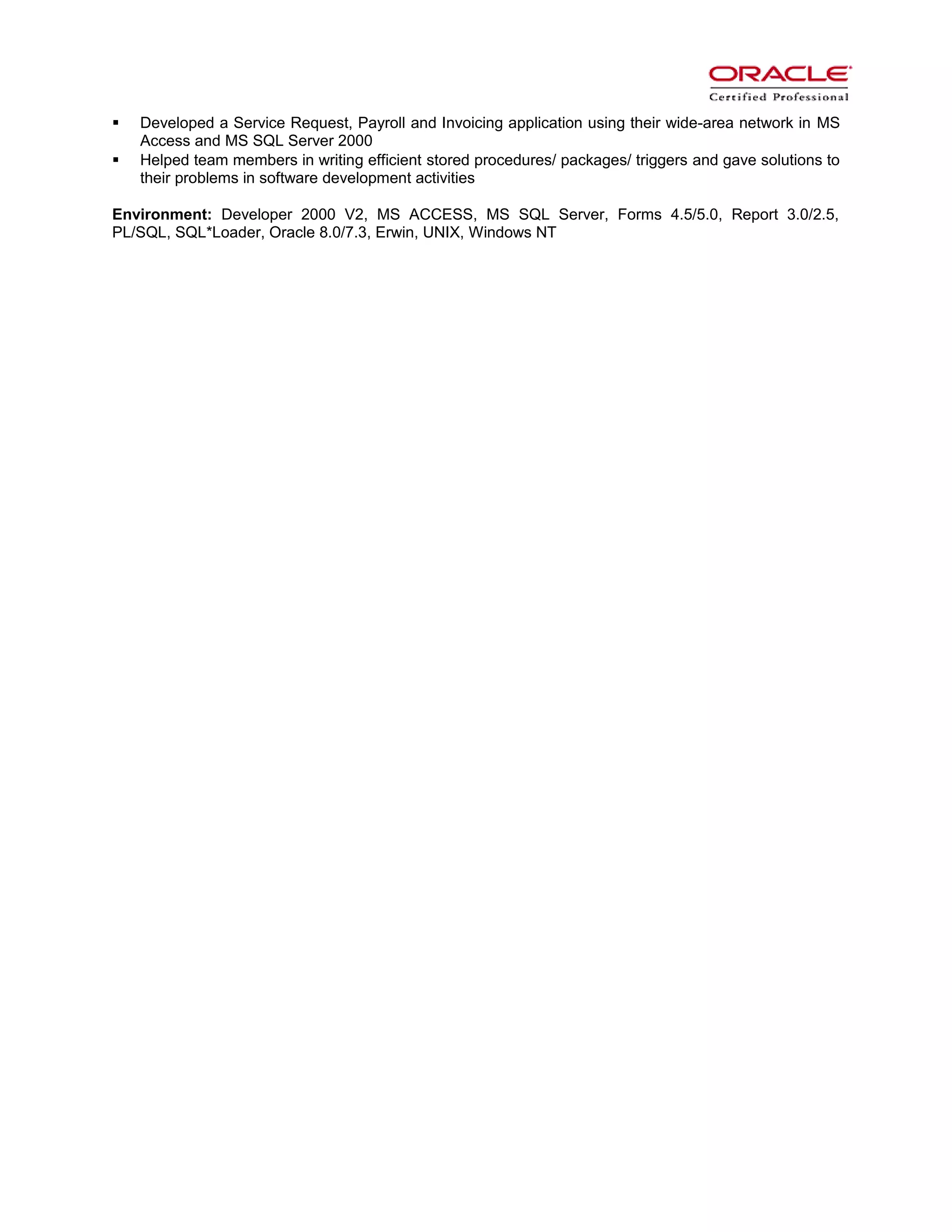 Munir_Database_Developer | DOC | Databases | Computer Software and Applications