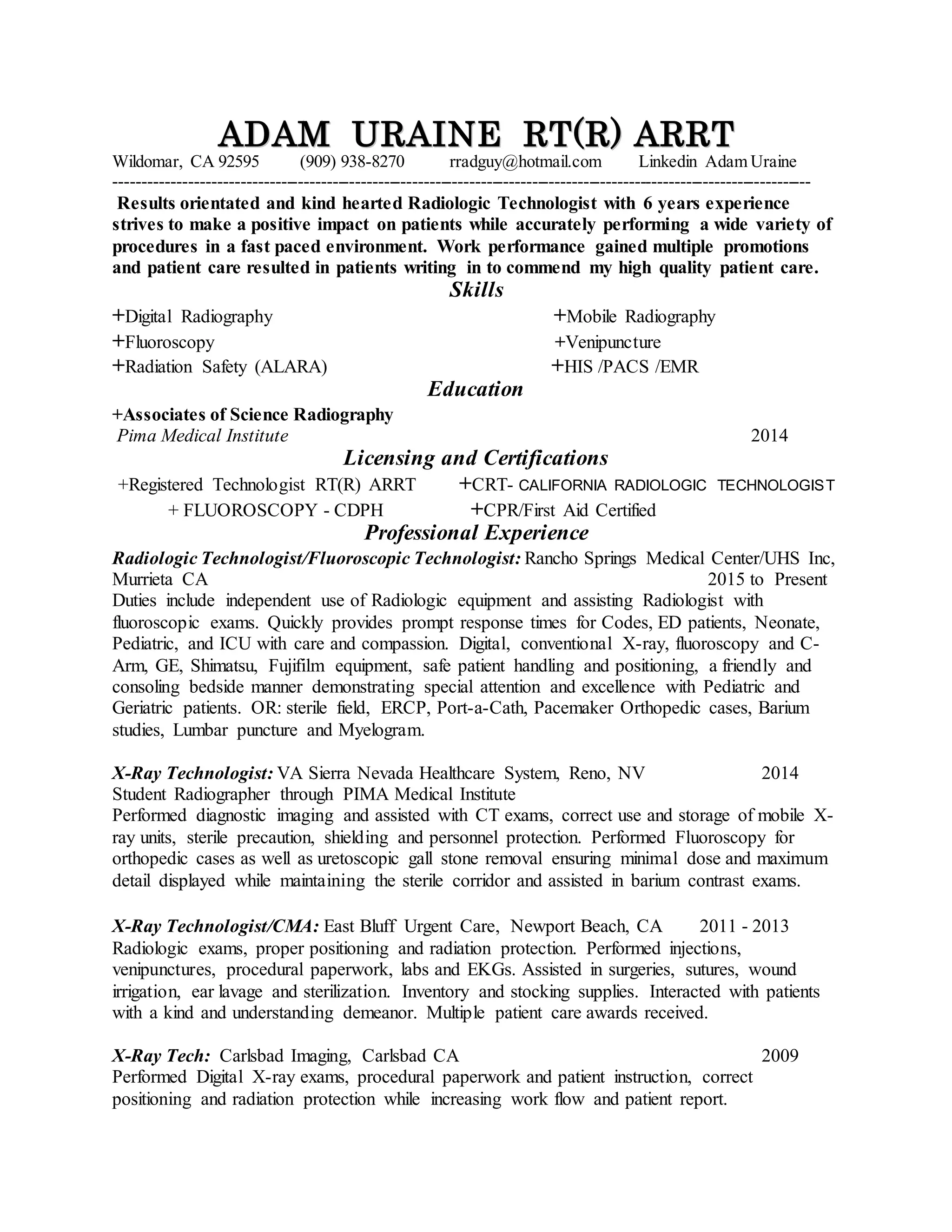 ADAM URAINE RT(R)ARRT. CRT. CFT.101. | DOCX | Medical Tests | Medical ...