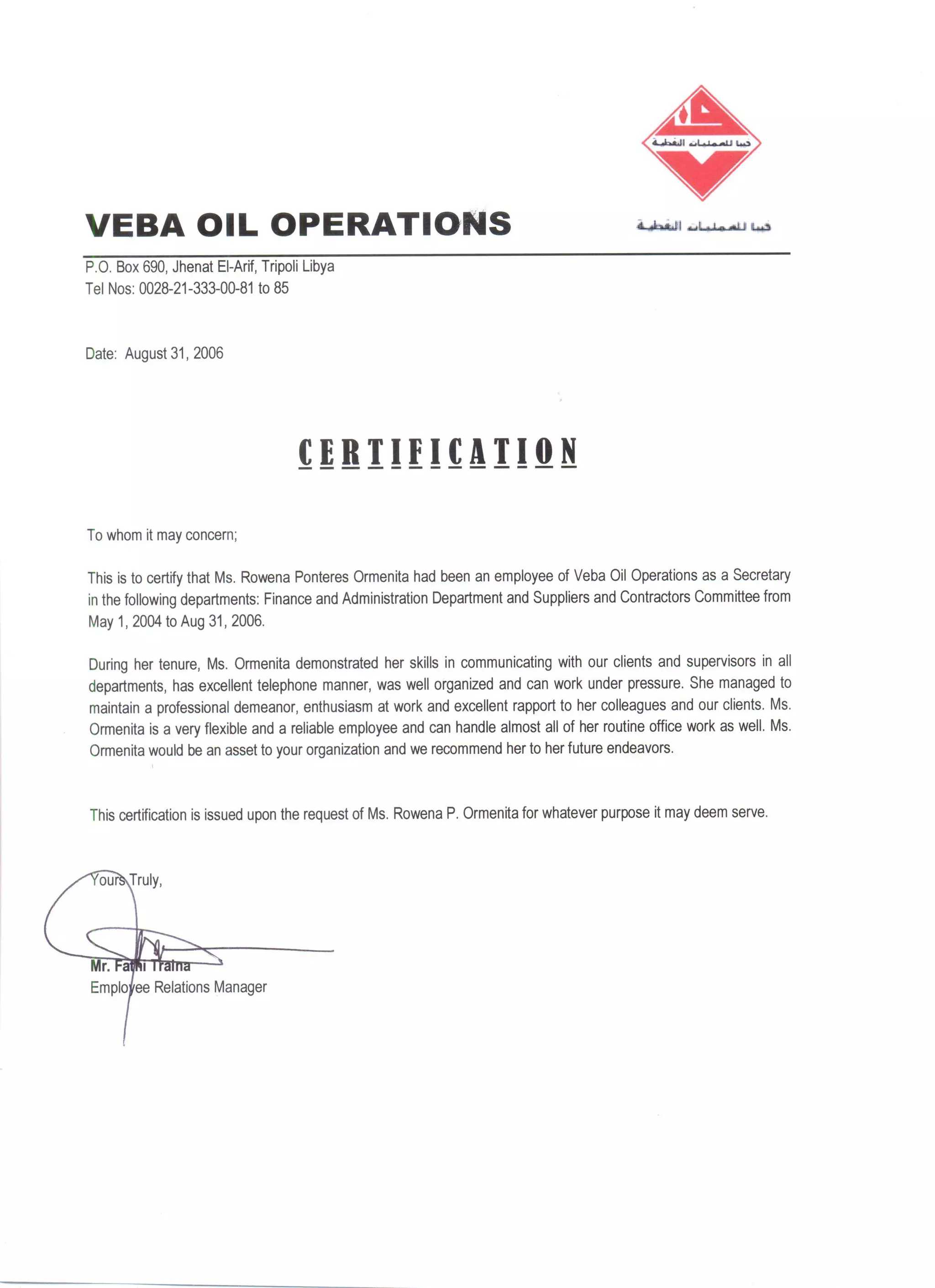 VEBA OIL CERTIFICATE OF EMPLOYMENT | PDF