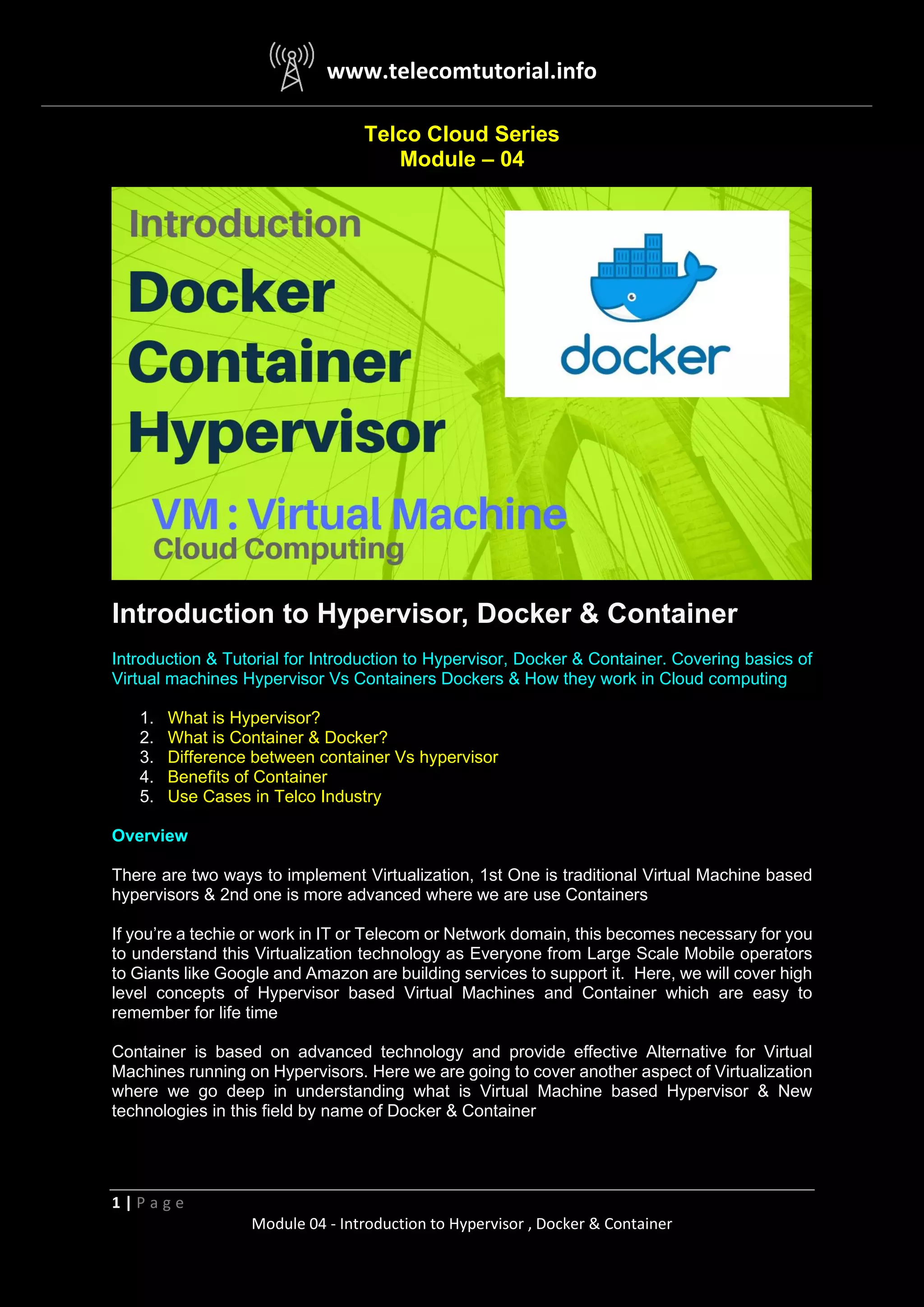 Telco Cloud - 04. introduction to hypervisor , docker & container | PDF