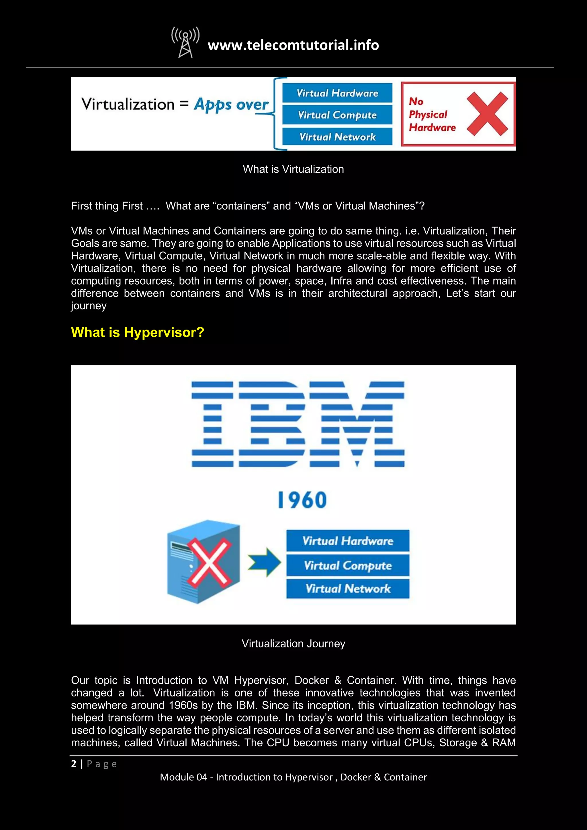Telco Cloud - 04. introduction to hypervisor , docker & container | PDF