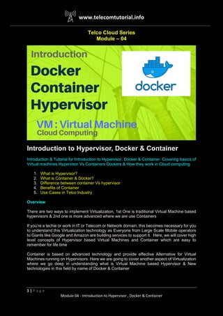 Telco Cloud - 04. introduction to hypervisor , docker & container | PDF