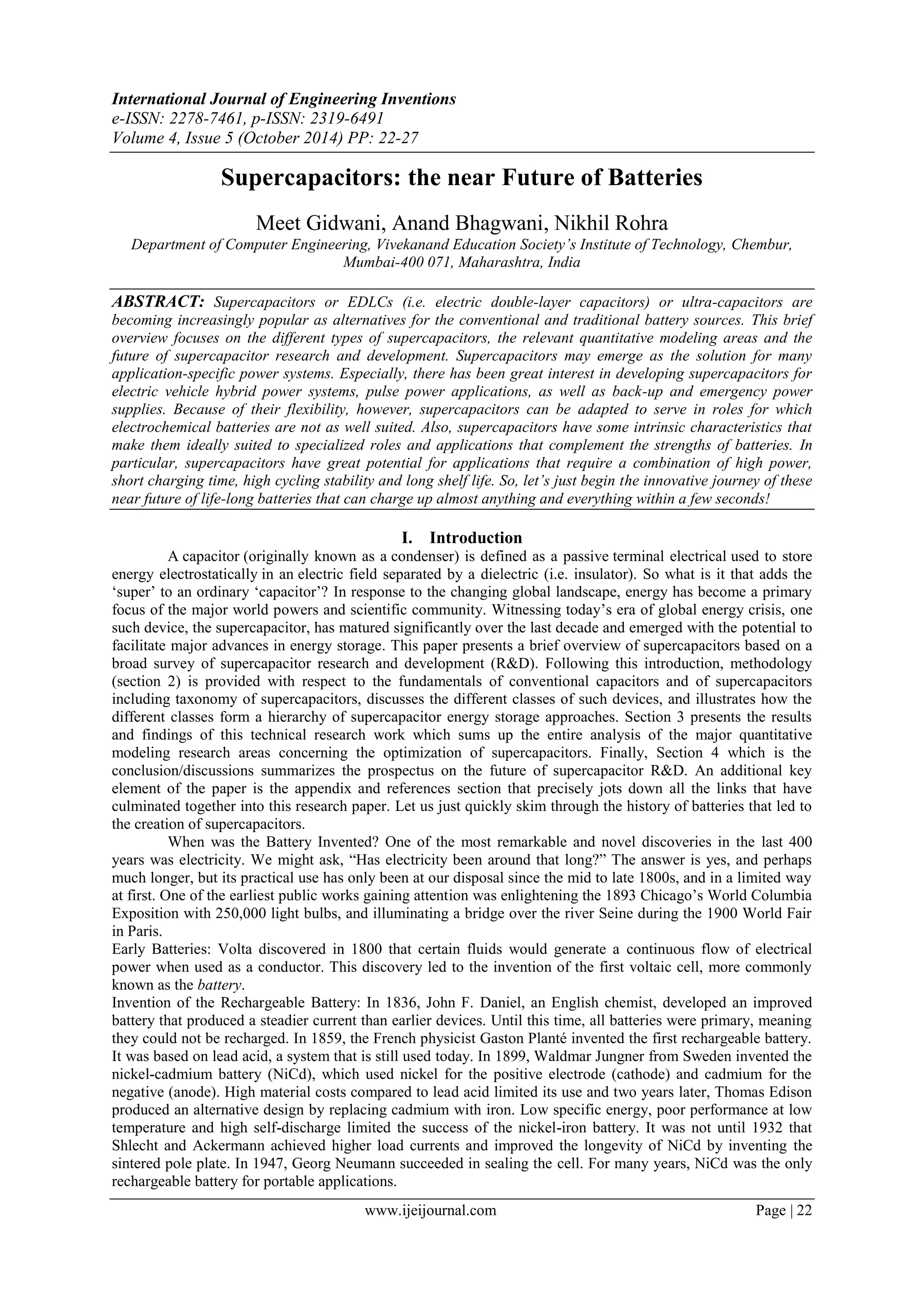 Supercapacitors: the near Future of Batteries | PDF