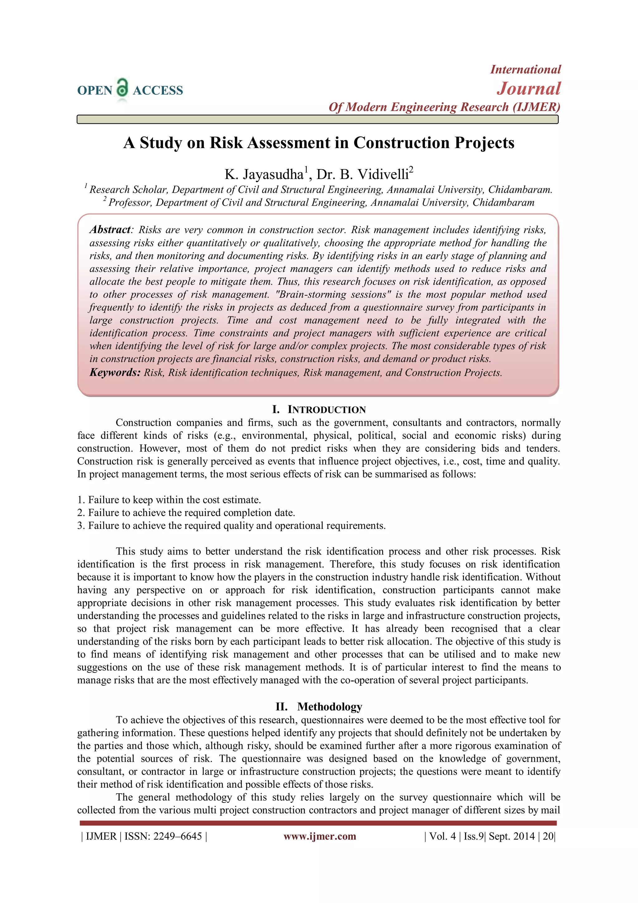 A Study on Risk Assessment in Construction Projects | PDF
