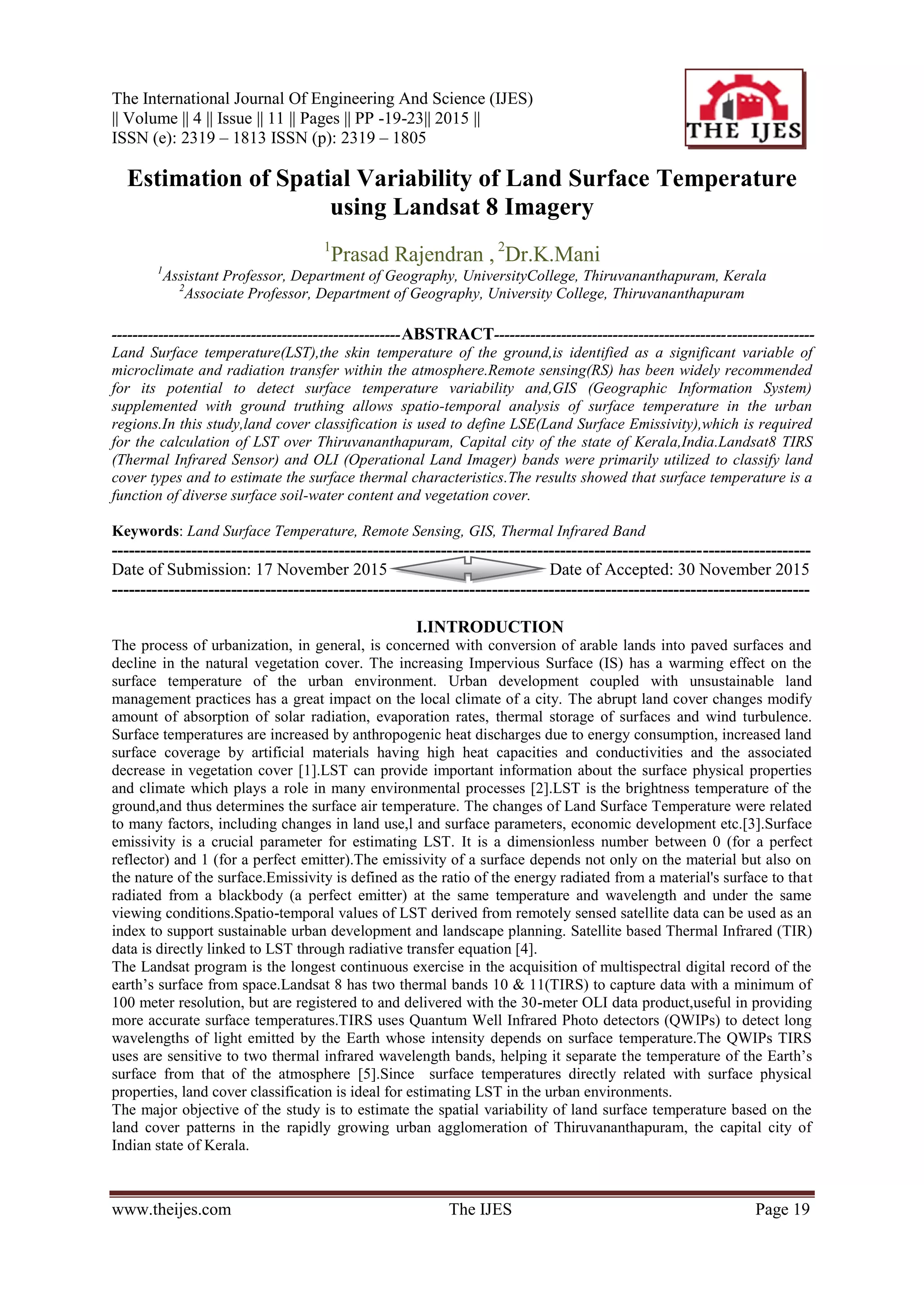 Estimation of Spatial Variability of Land Surface Temperature using Landsat 8 Imagery | PDF ...