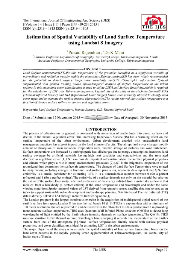 Estimation of Spatial Variability of Land Surface Temperature using Landsat 8 Imagery | PDF
