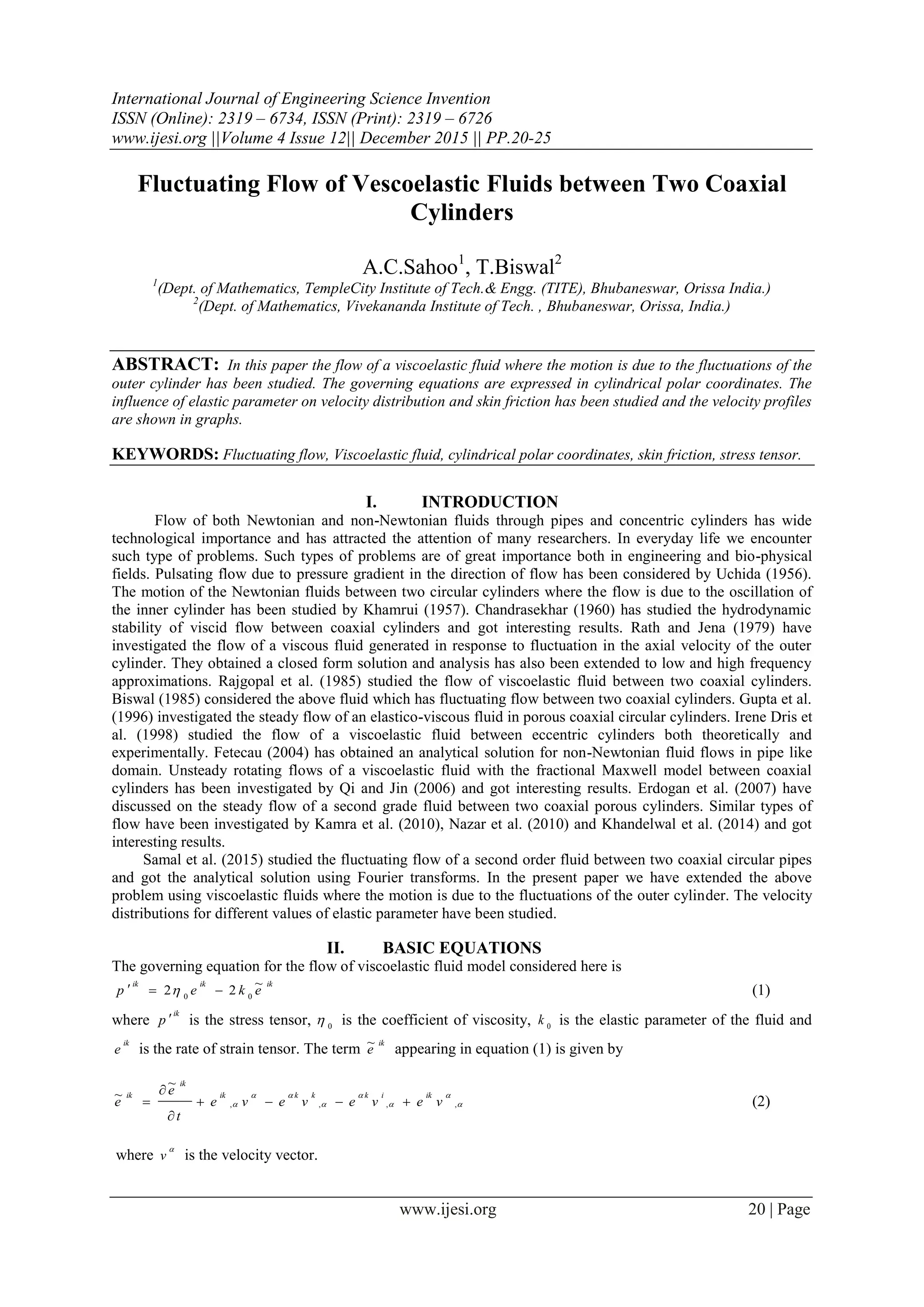 Fluctuating Flow of Vescoelastic Fluids between Two Coaxial Cylinders | PDF