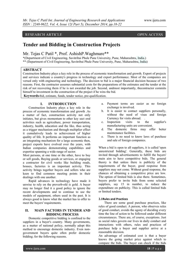 Tender and Bidding in Construction Projects | PDF