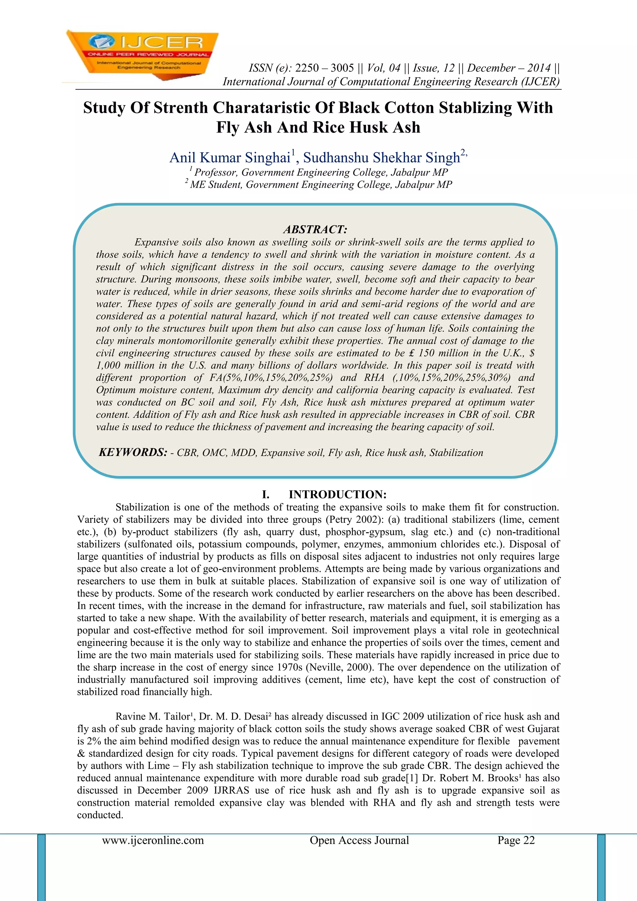 Study Of Strenth Charataristic Of Black Cotton Stablizing With Fly Ash And Rice Husk Ash | PDF